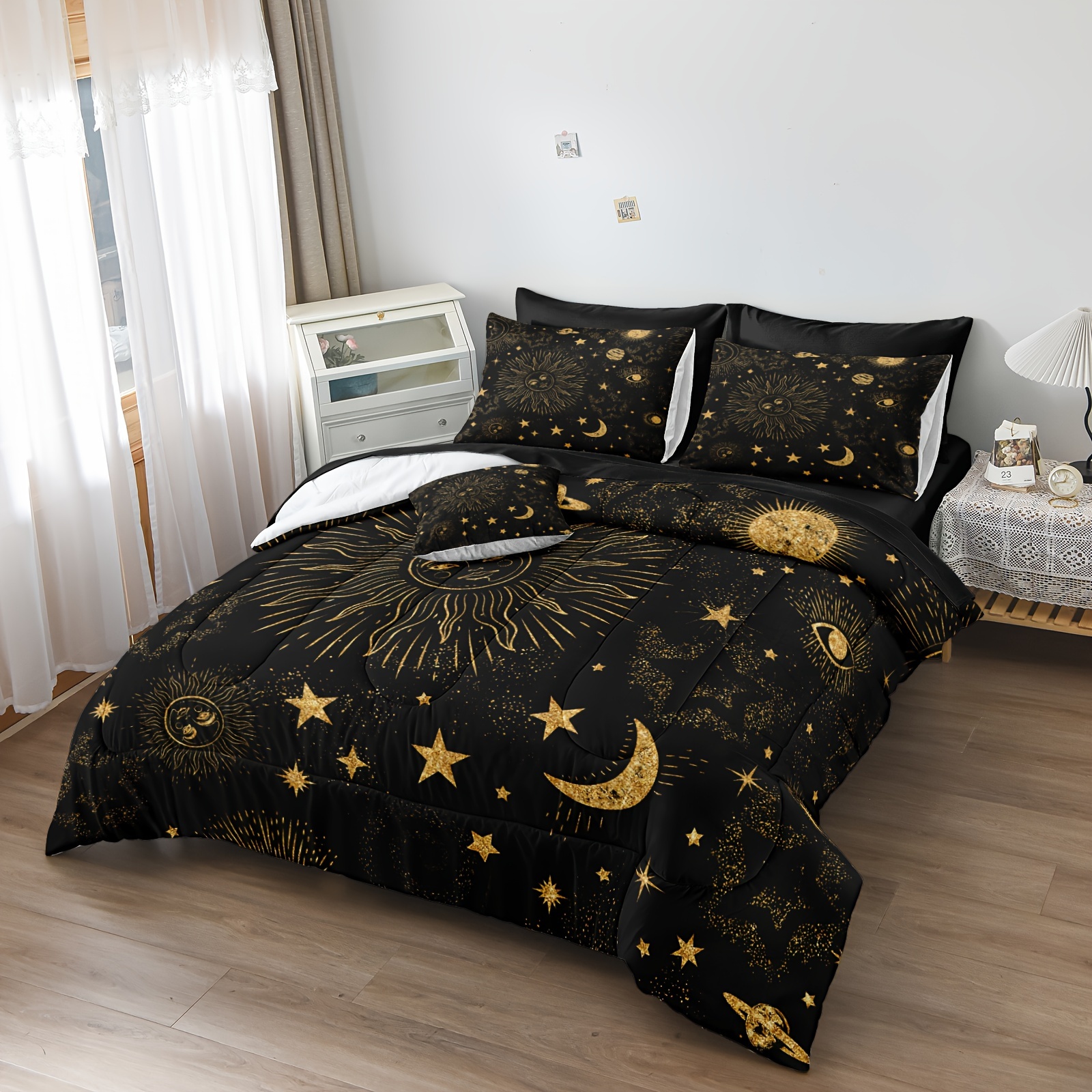 sun moon comforter set black gold bed in a bag Temu