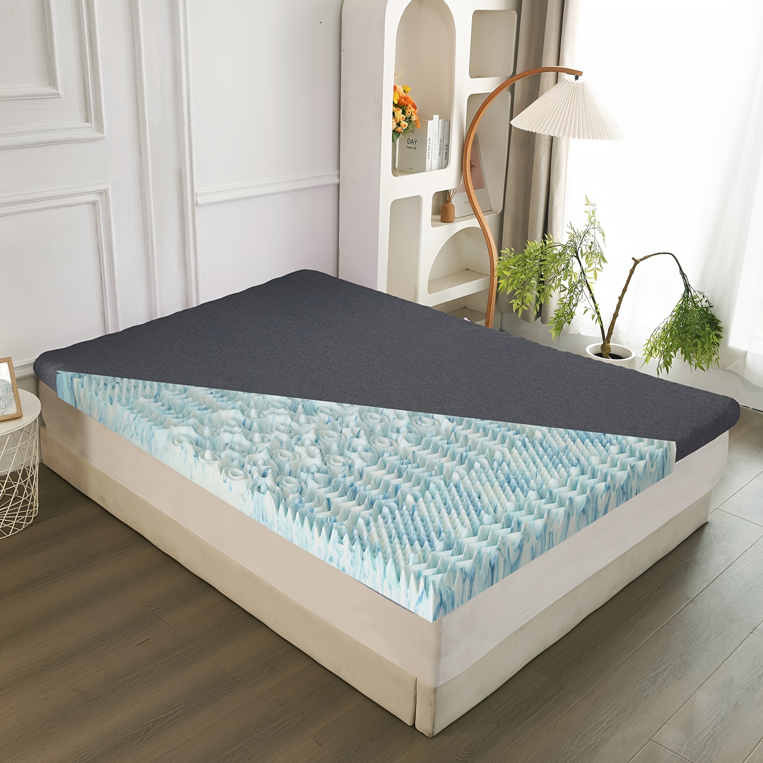 Gel Memory Foam Mattress Topper with Polyester Cover 7 Zone Support Sponge Knitted Fabric Zippered Spot Clean High Density Pressure Relief