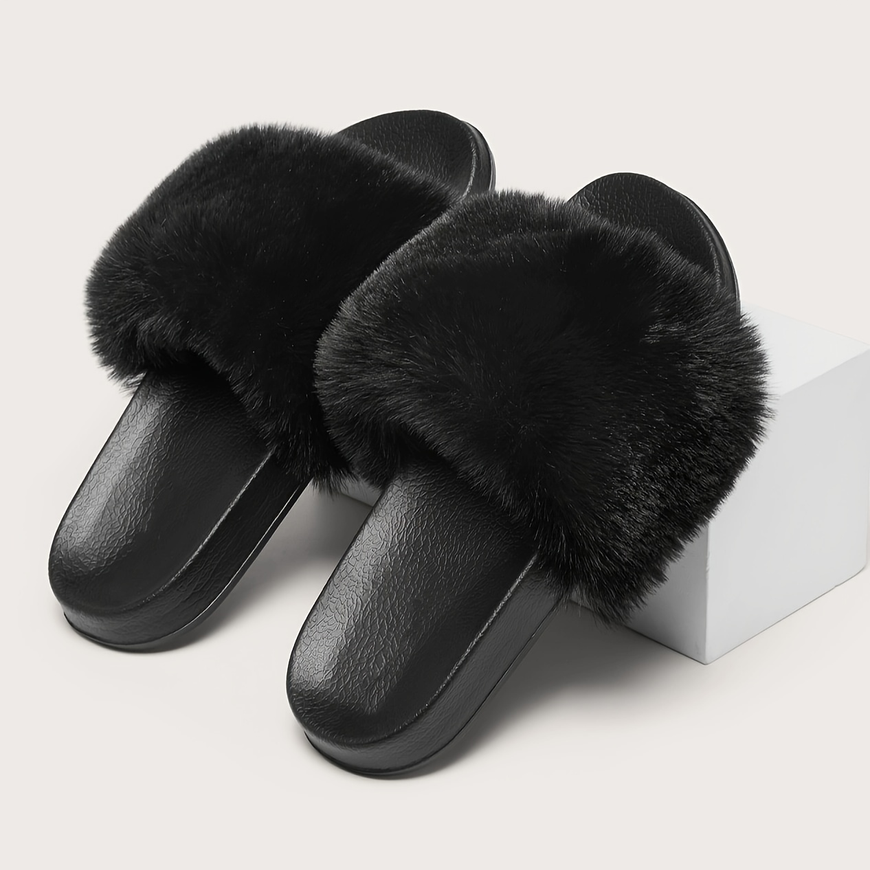 solid color fur pattern slippers fluffy soft sole - Temu