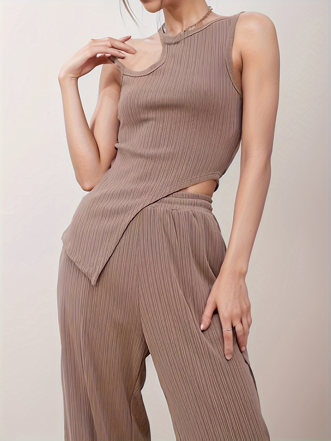 Rib knit Two piece Set Asymmetrical Hem Cut Tank Top Wide - Temu Australia