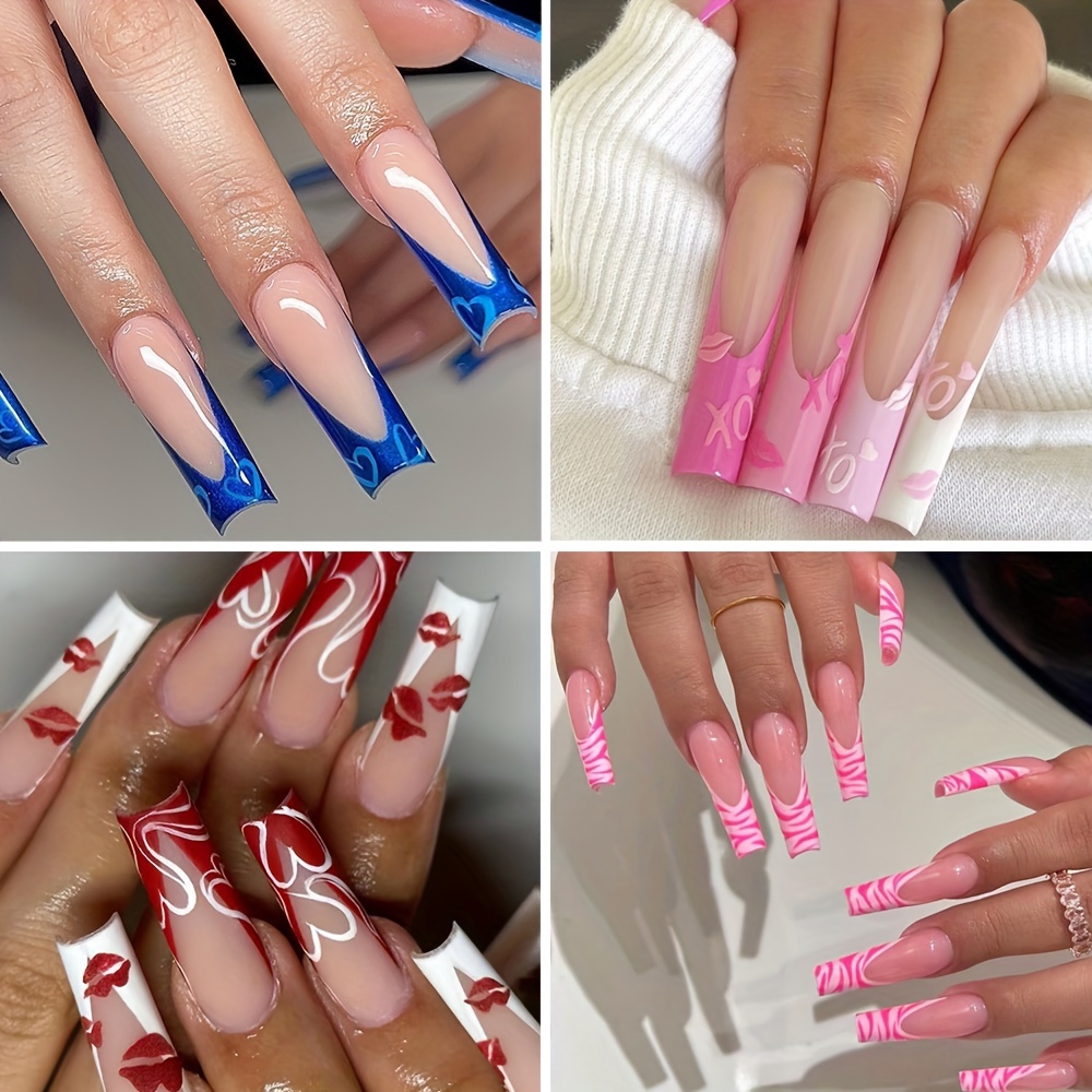 Glossy Long Square Press Nails French Tip Nails Star - Temu Australia