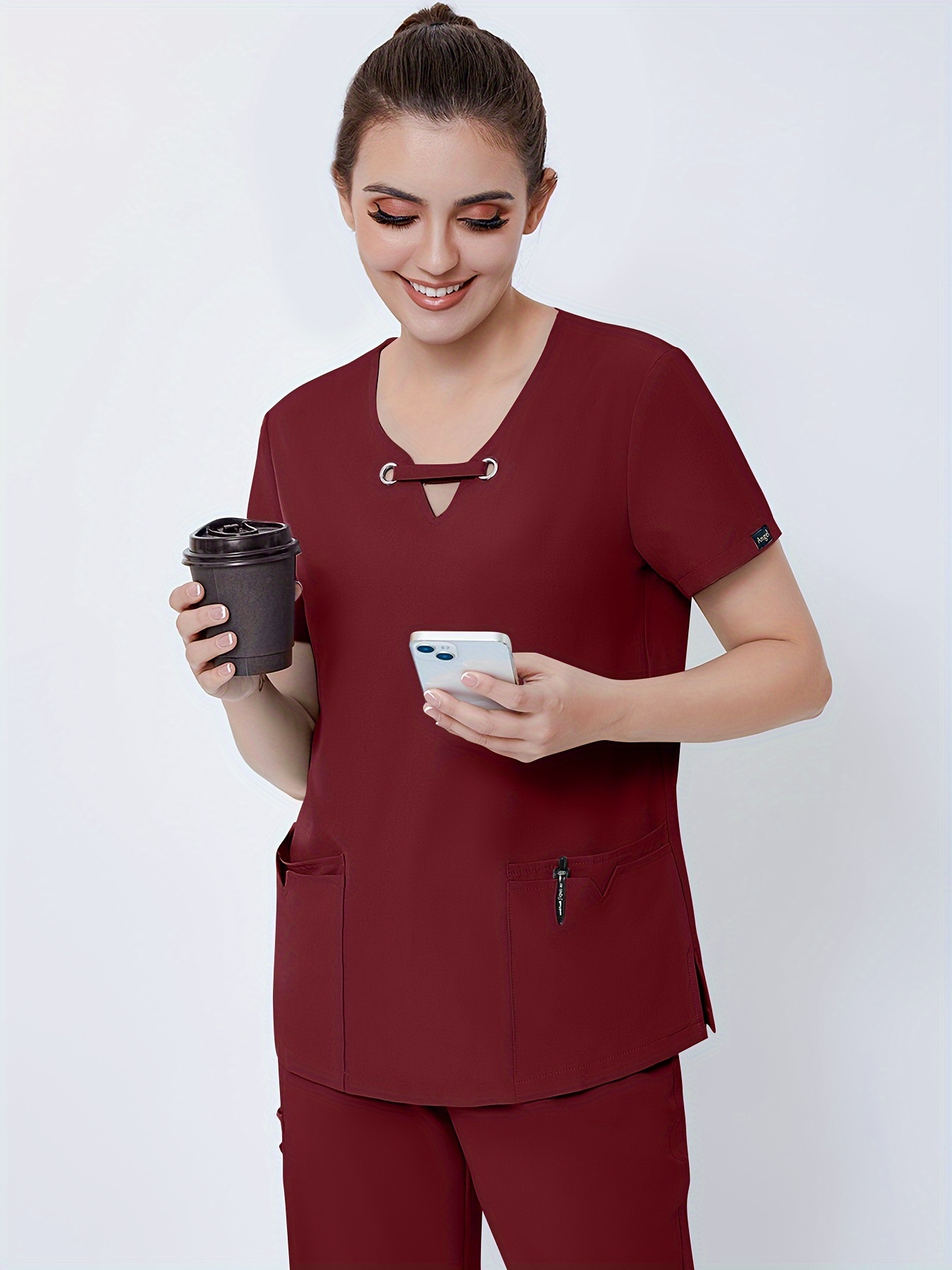 Solid Two piece Set Elegant Long Sleeve Scrub T shirt - Temu