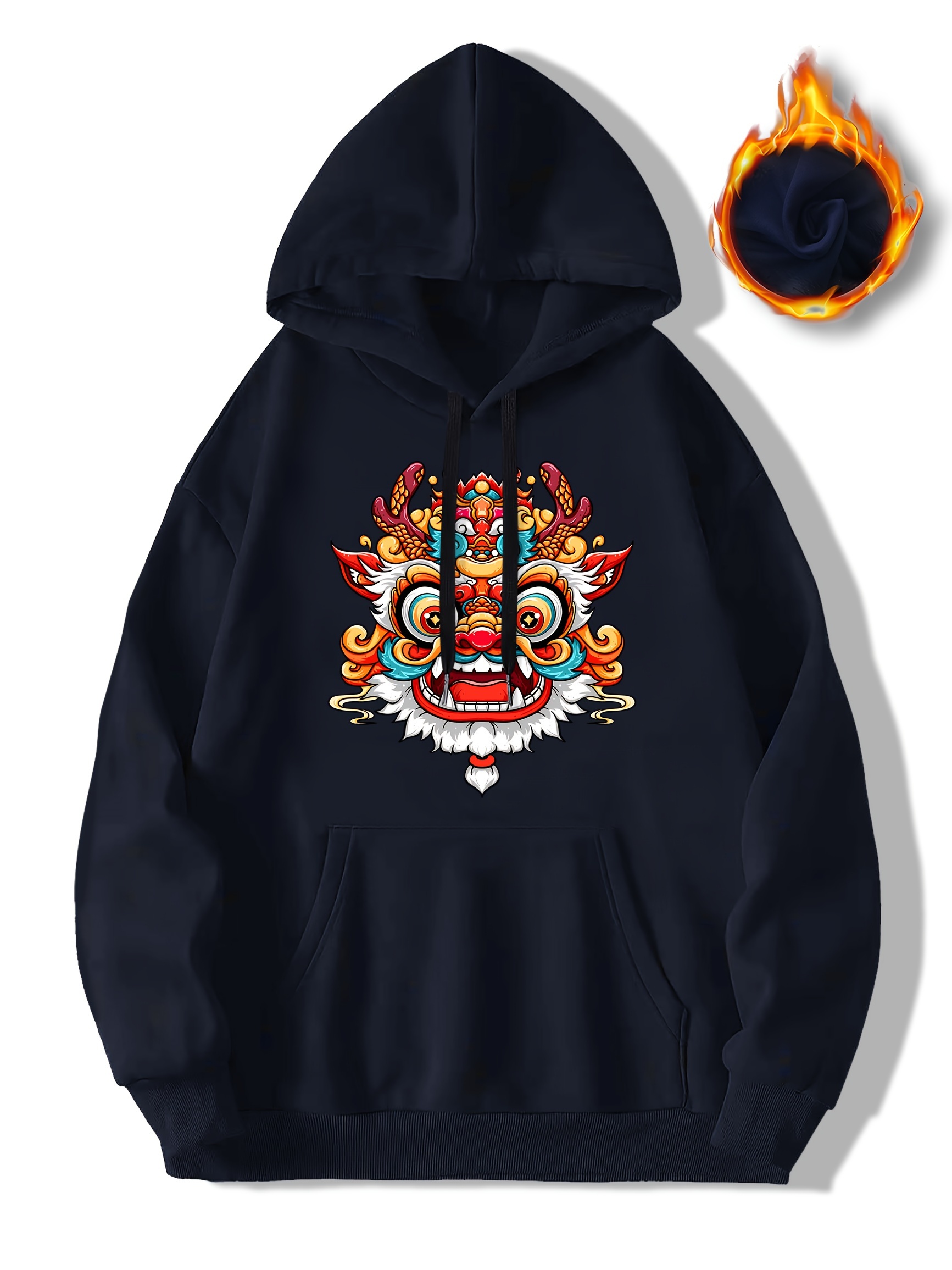 Chinese Dragon Print Kangaroo Pocket Hoodie Casual Long Temu New Zealand