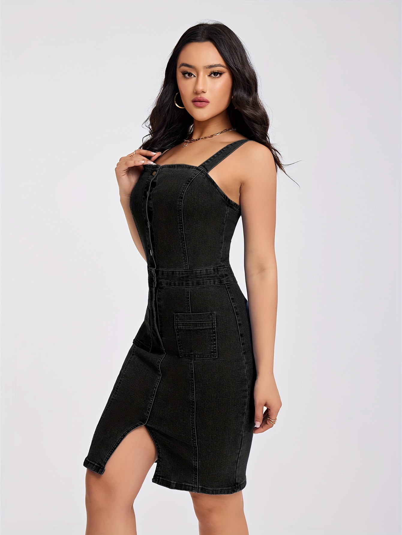 Womens Clothes Black Fitted Denim Dress half button split front denim ...