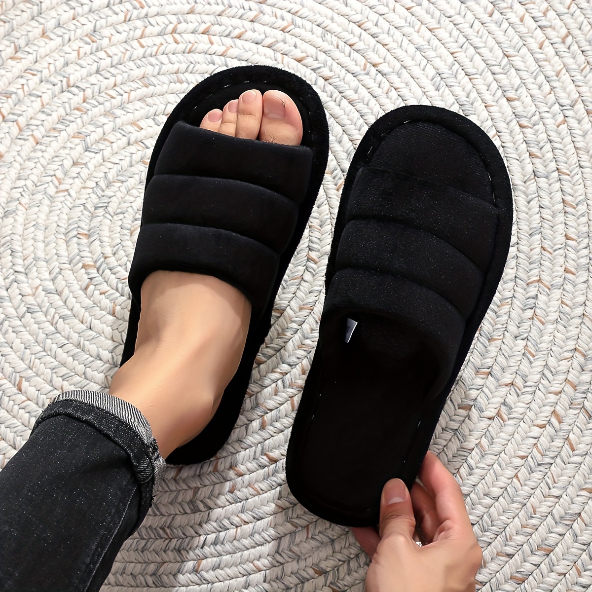 Cozy Slippers Navy Blue Open Toe Non Slip Sole Breathable Fabric Indoor Footwear for Couples House Slippers