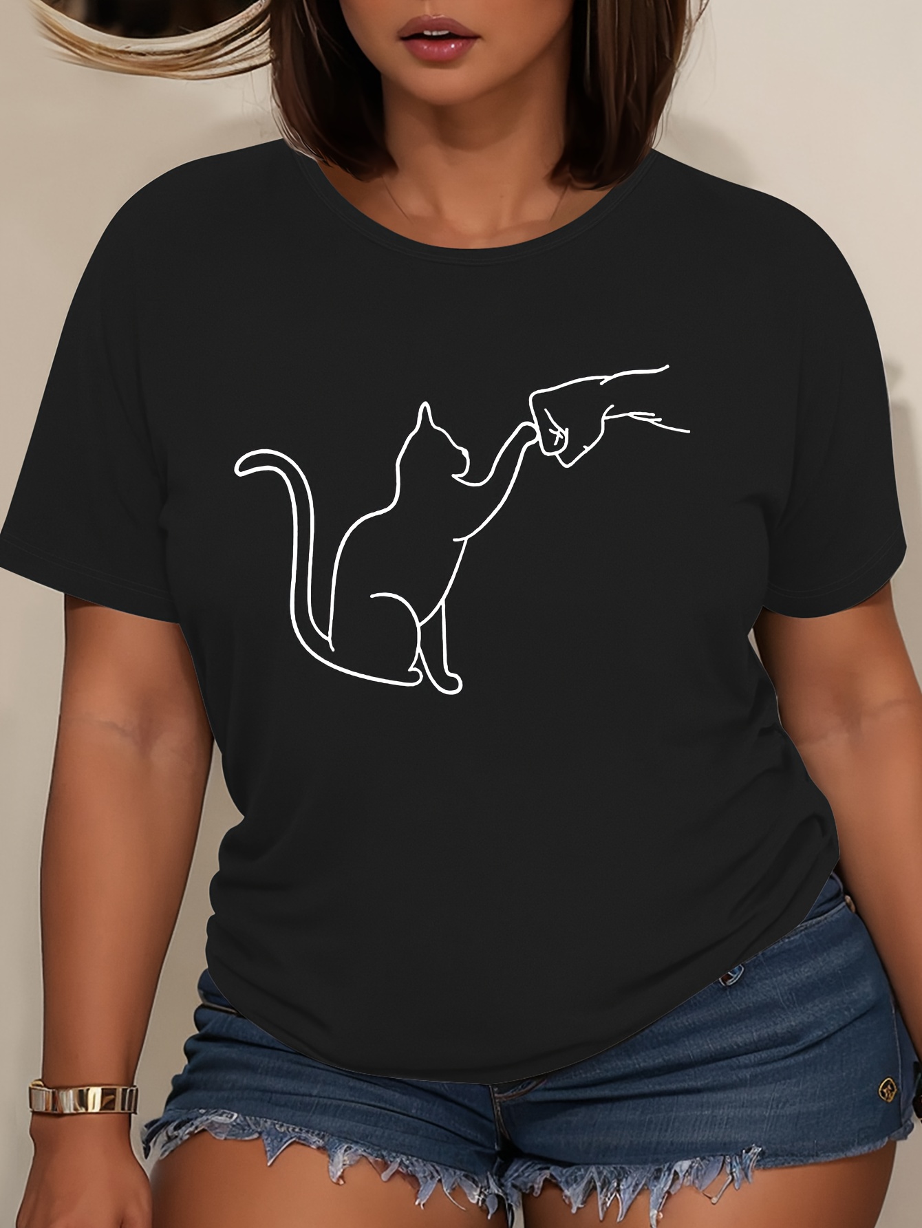 Plus Size Cat Print T shirt Kortærmet Rund Hals Afslappet - Temu Denmark