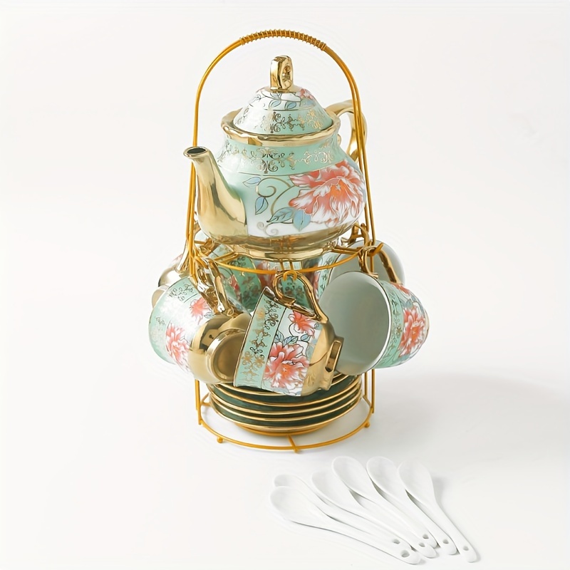 luxury european floral ceramic tea set golden display stand - Temu