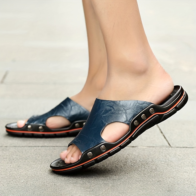 Plus Size Mens Trendy Open Toe Summer Slides With Split Leather Uppers ...