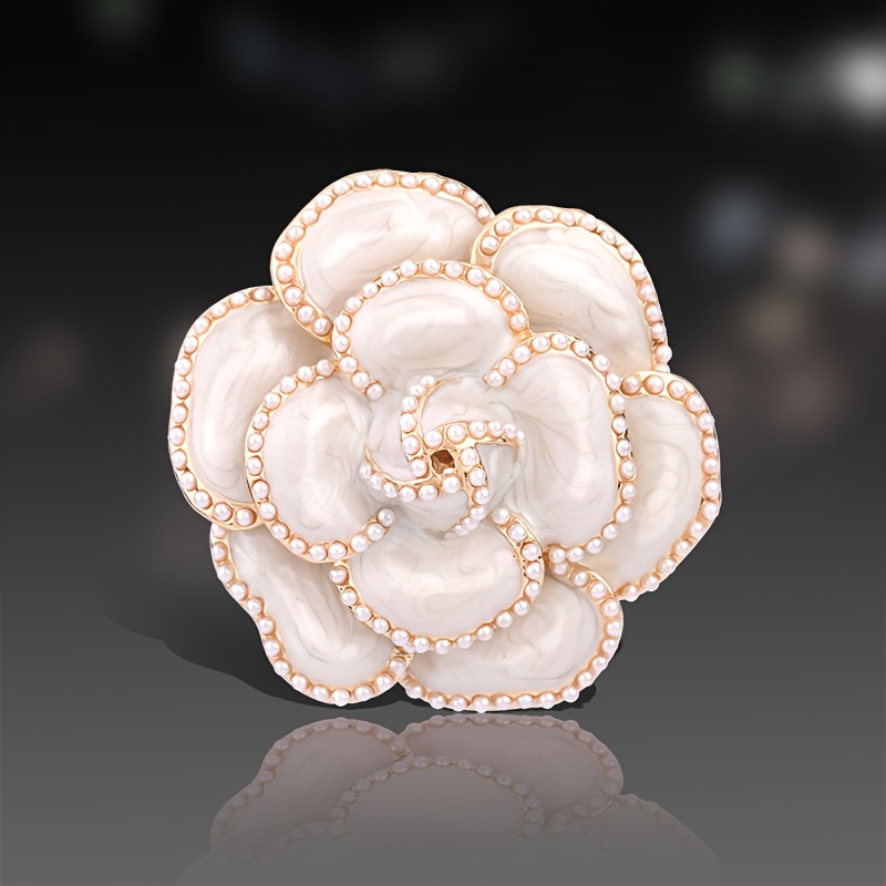 White/ Black Enamel Camellia Design Faux Pearl Inlaid Brooch - Temu ...