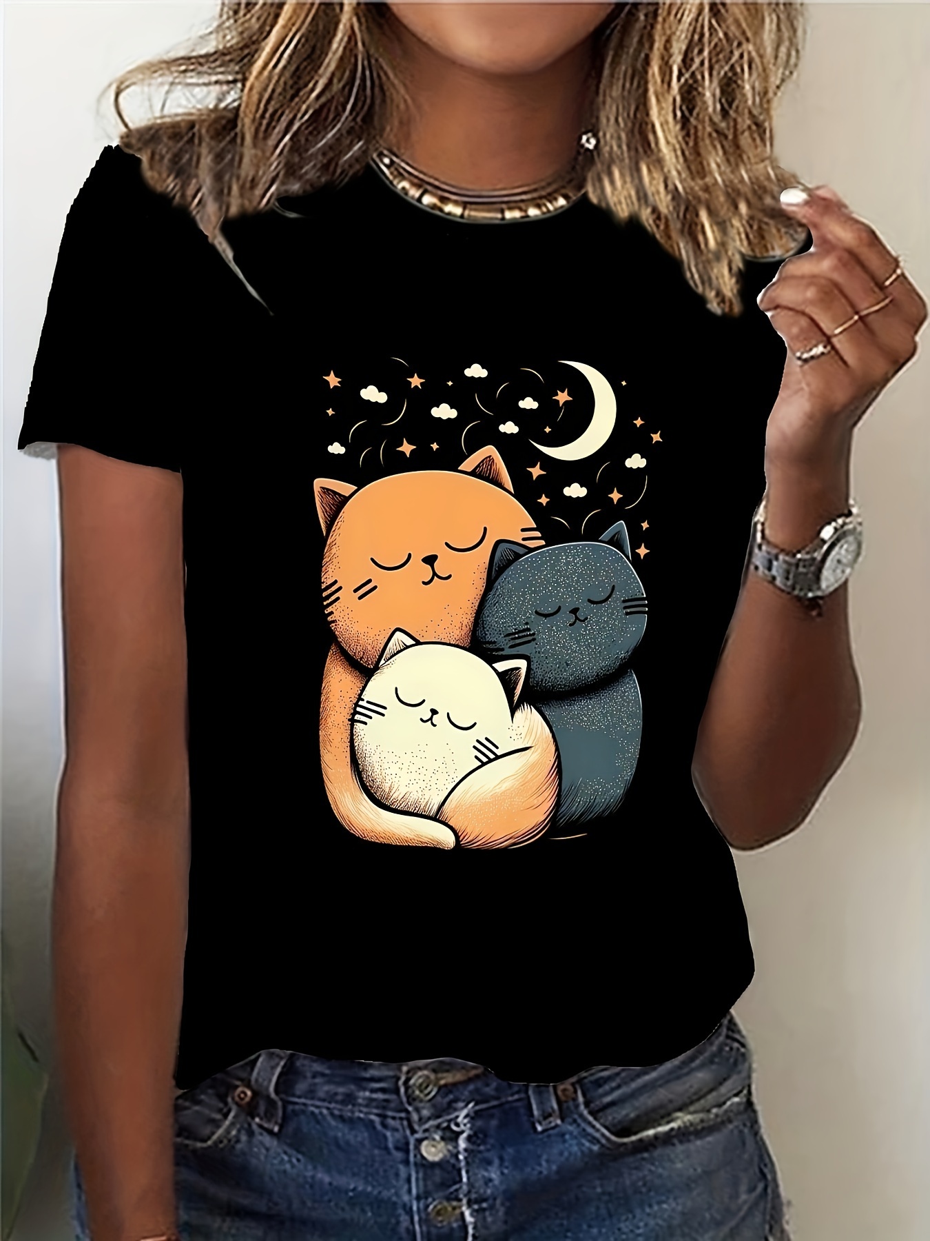 cats print crew neck t shirt casual short sleeve summer - Temu