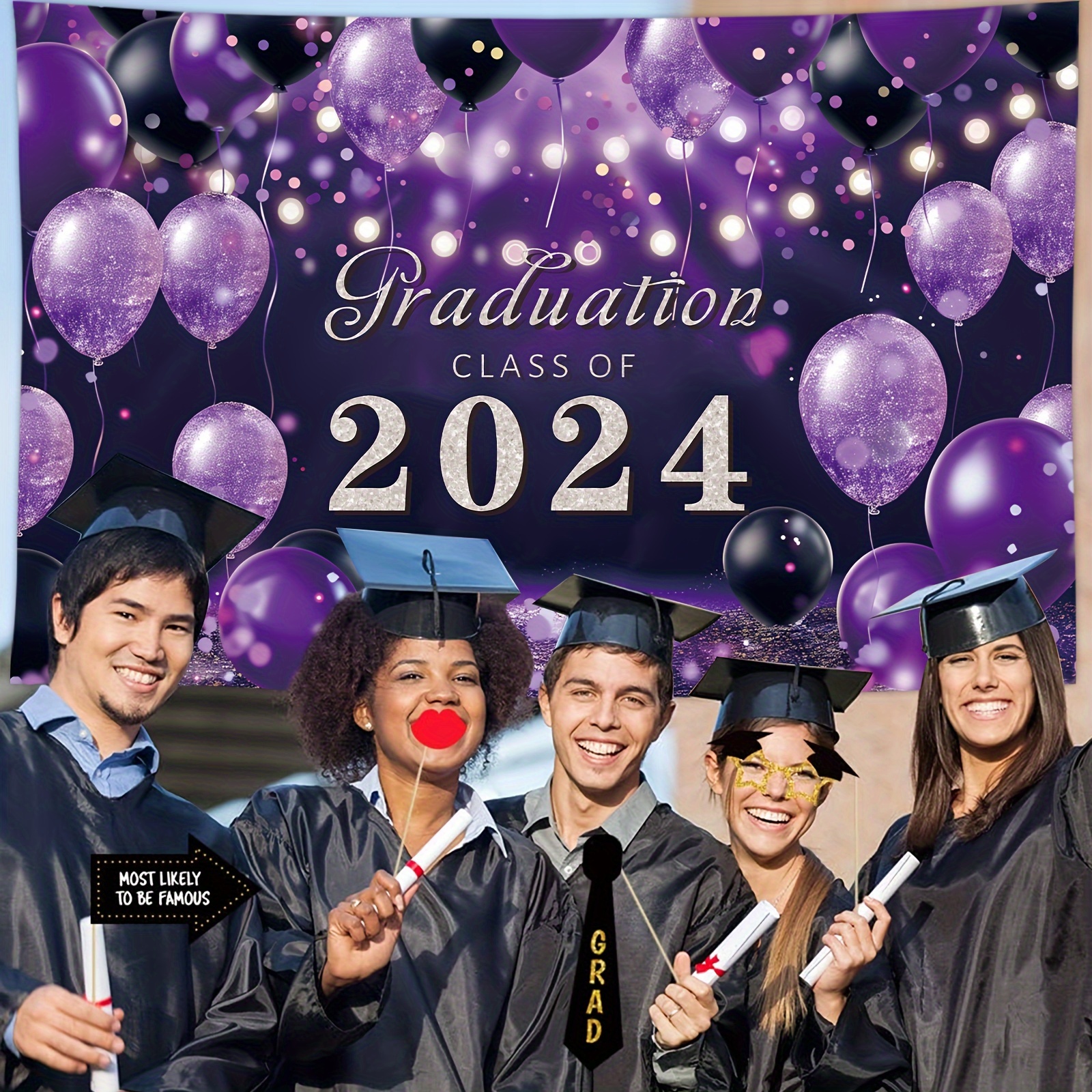 Class 2024 Graduation Party Backdrop Purple Black Congrats - Temu