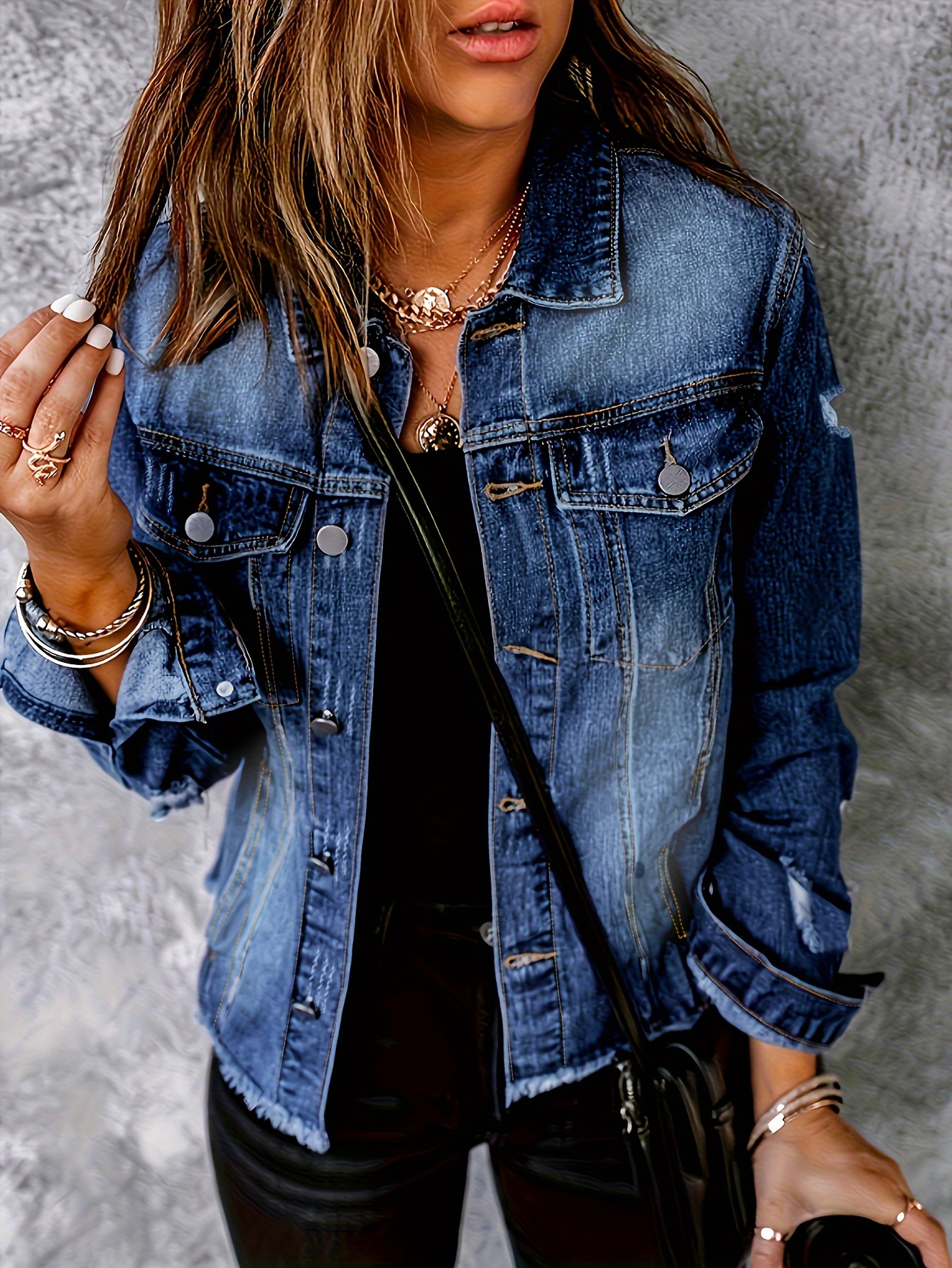 Blue Long Sleeves Denim Jackets Ripped Holes Single breasted - Temu New ...