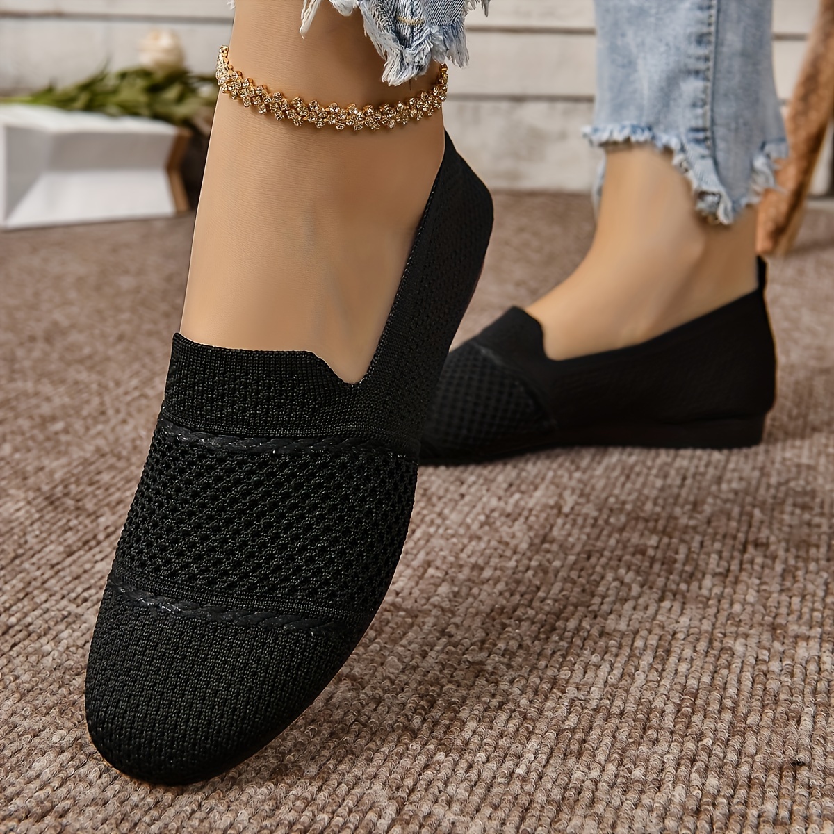 womens breathable knit flat shoes casual slip solid color - Temu Kuwait