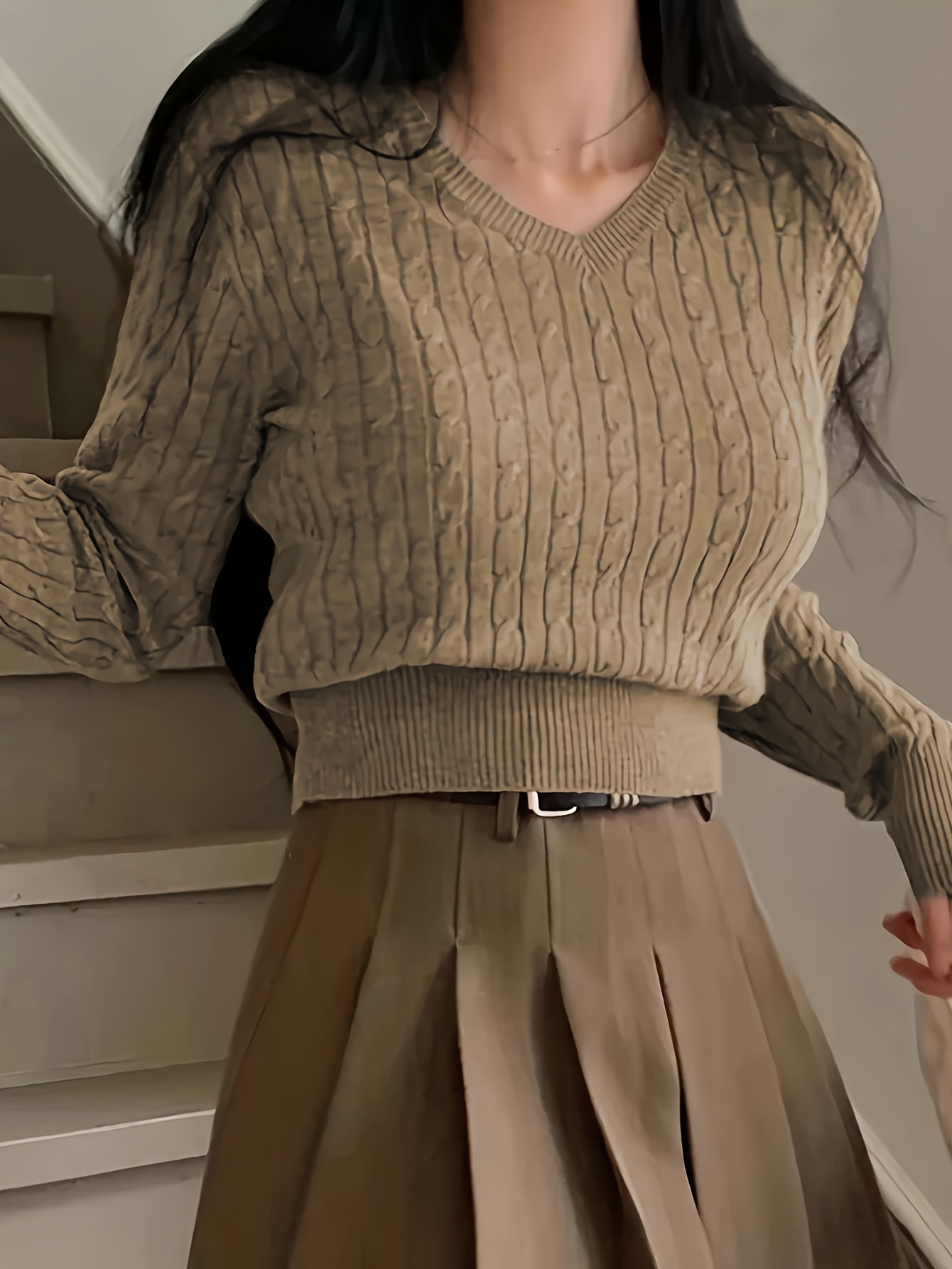 Jersey Cuello En V Solo Color Suéter Punto Manga Larga - Temu Uruguay