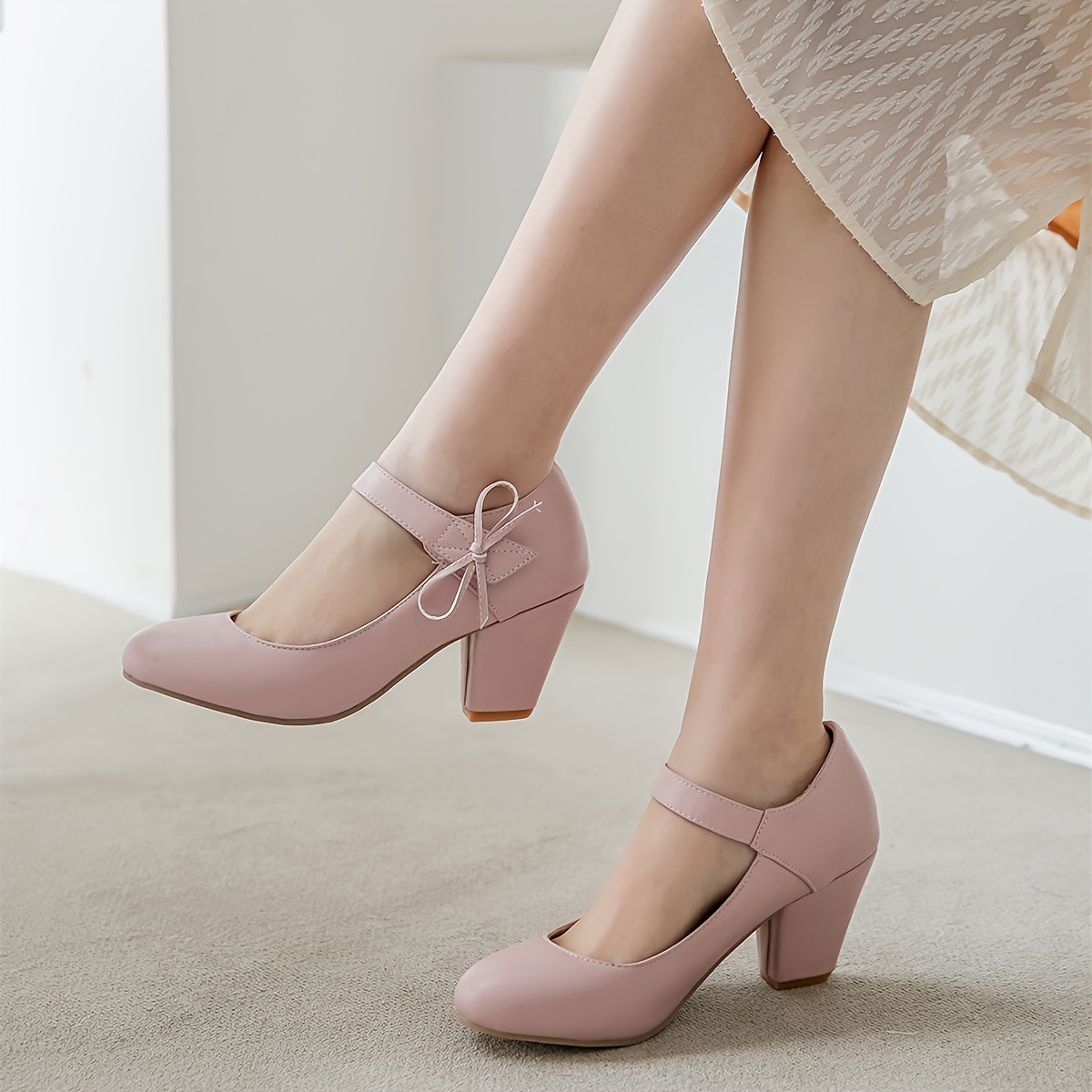 Solid Color Round Toe Pumps Women's Bow Chunky Heels - Temu New Zealand