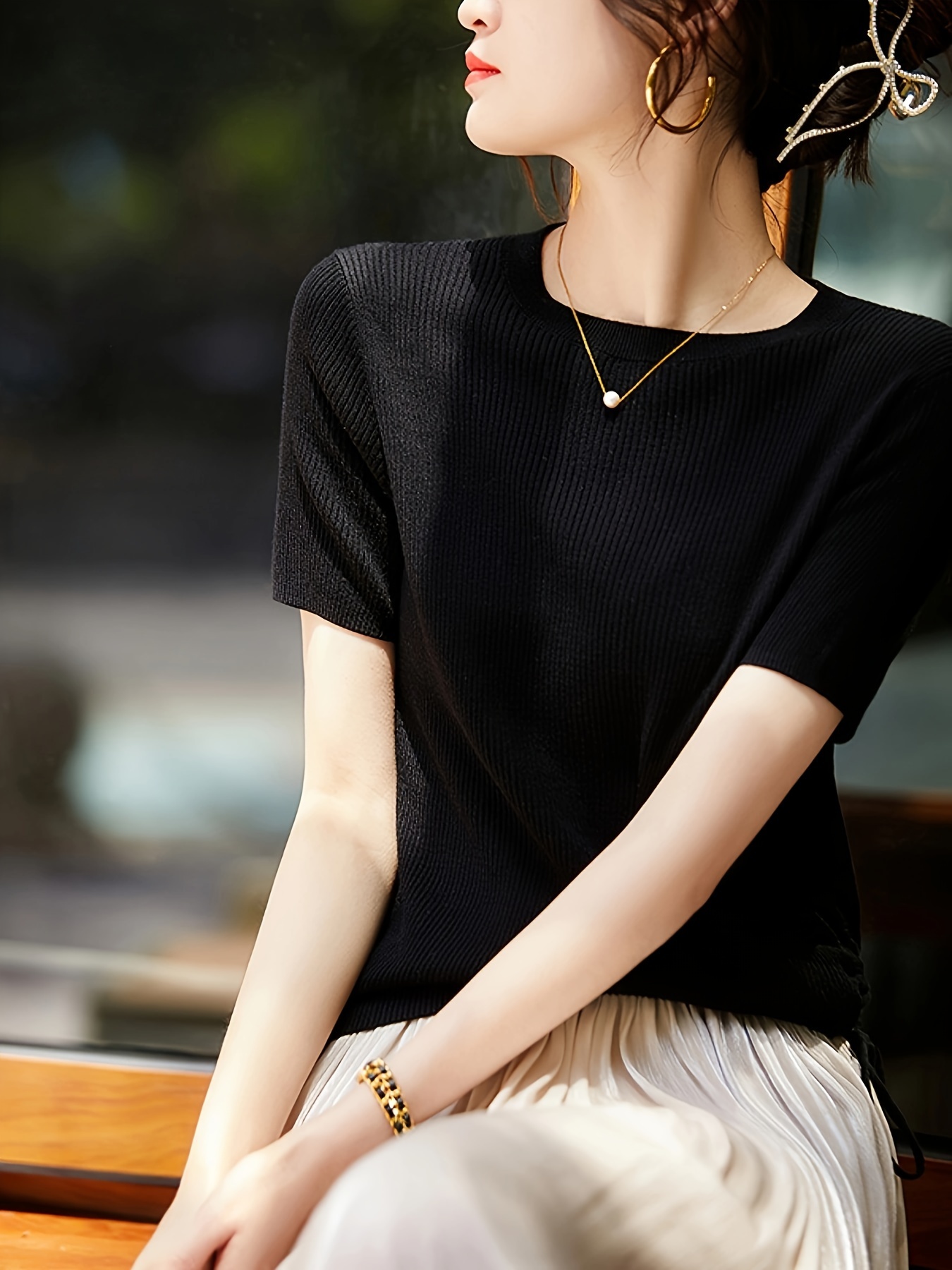 drawstring crew neck solid sweater casual short sleeve - {region_name}