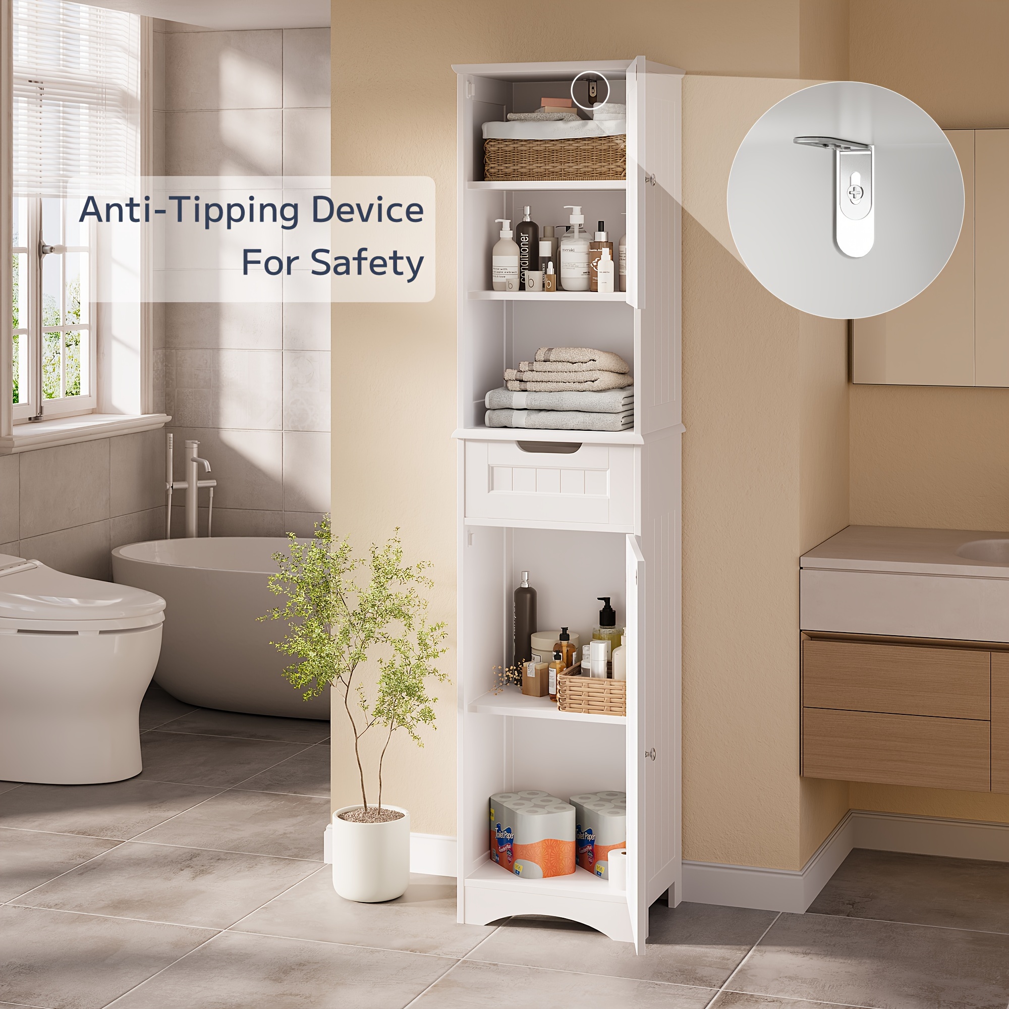 67 H Tall Bathroom Storage Cabinet Narrow Linen Tower Freestanding Adjustable Shelves for Home Kitchen Versatile Anti Tipping White
