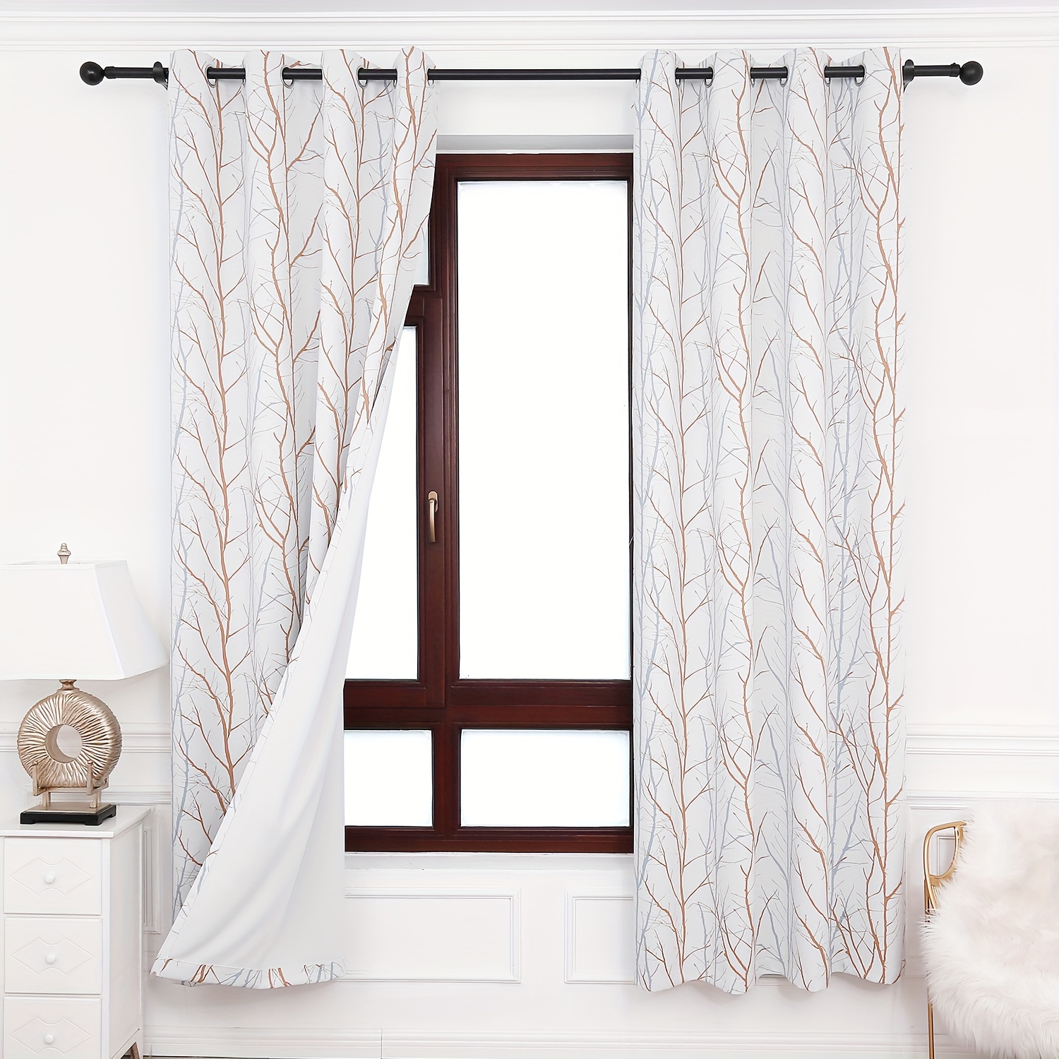 2 Panels Blackout Curtains Bedroom Tree Print Yellow Grey - Temu New ...