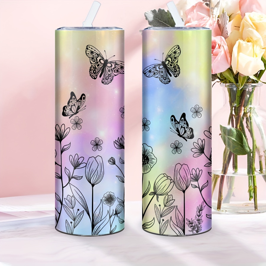 Stainless Steel Tumbler Straw Lid Dreamy Butterfly Floral 3d - Temu