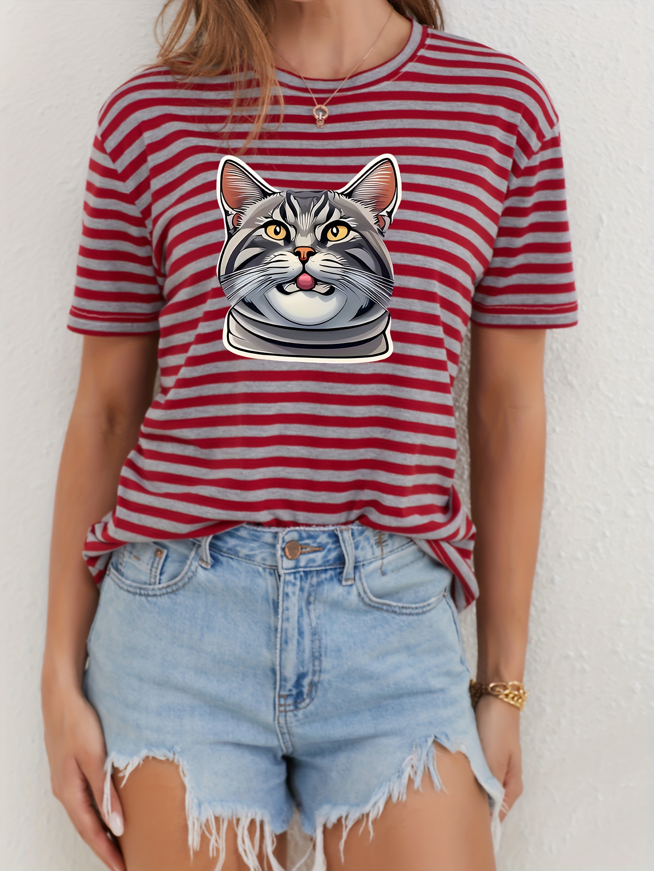 Cute Cat Striped Print T shirt Casual Crew Neck Short Sleeve - Temu Canada