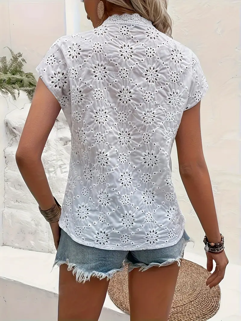Contrast Lace V Neck Blouse Casual Eyelet Scallop Trim Short Temu Ireland