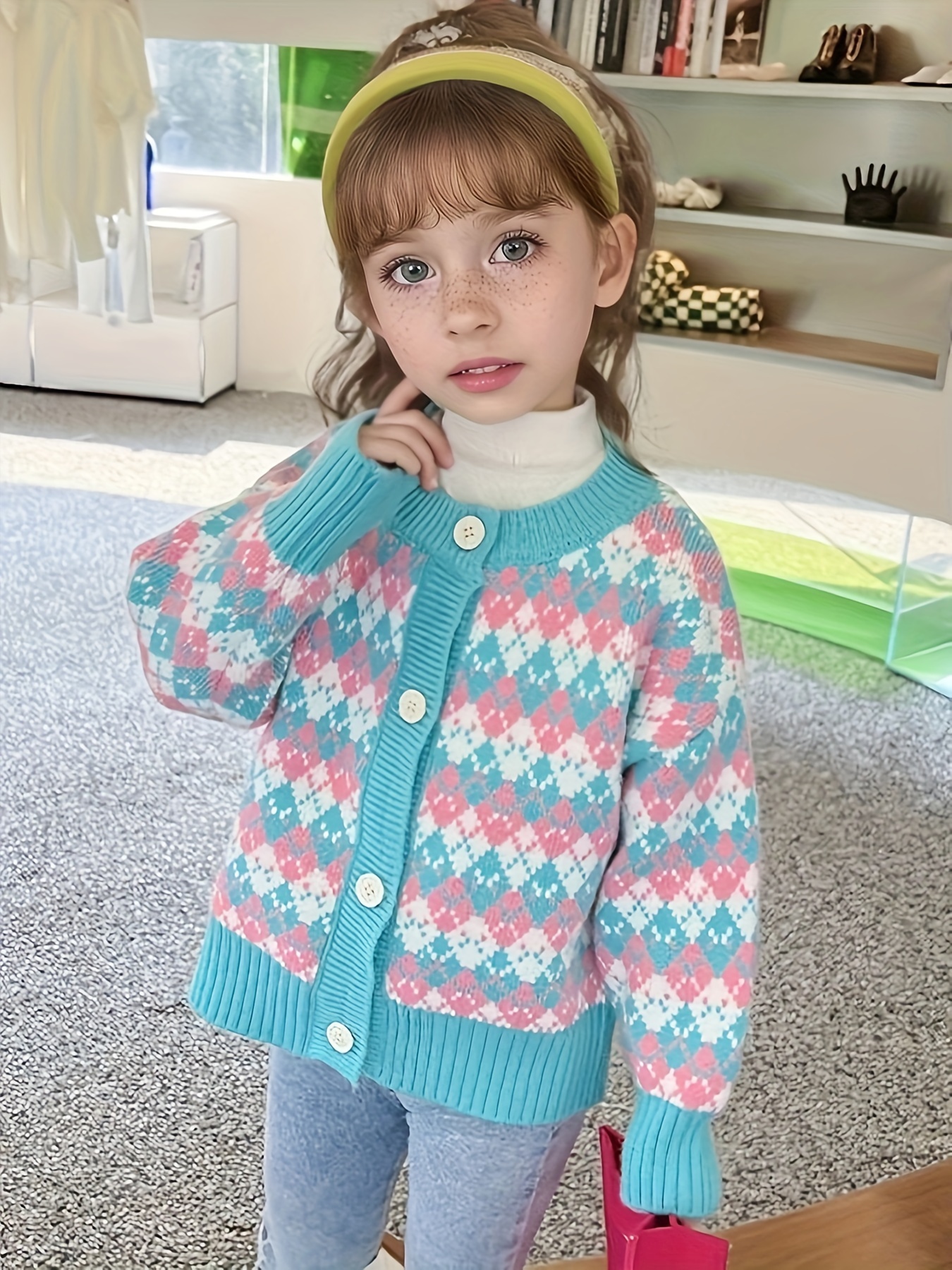 Young Girls Classic Argyle Pattern Knitted Cardigan Sweater, Cute Kids ...