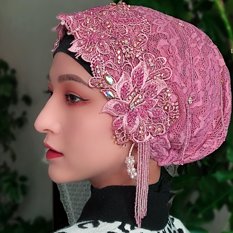 Luxury Muslim Hijab Lace Embroidery Turban Hat Tassel Cap - Temu Australia