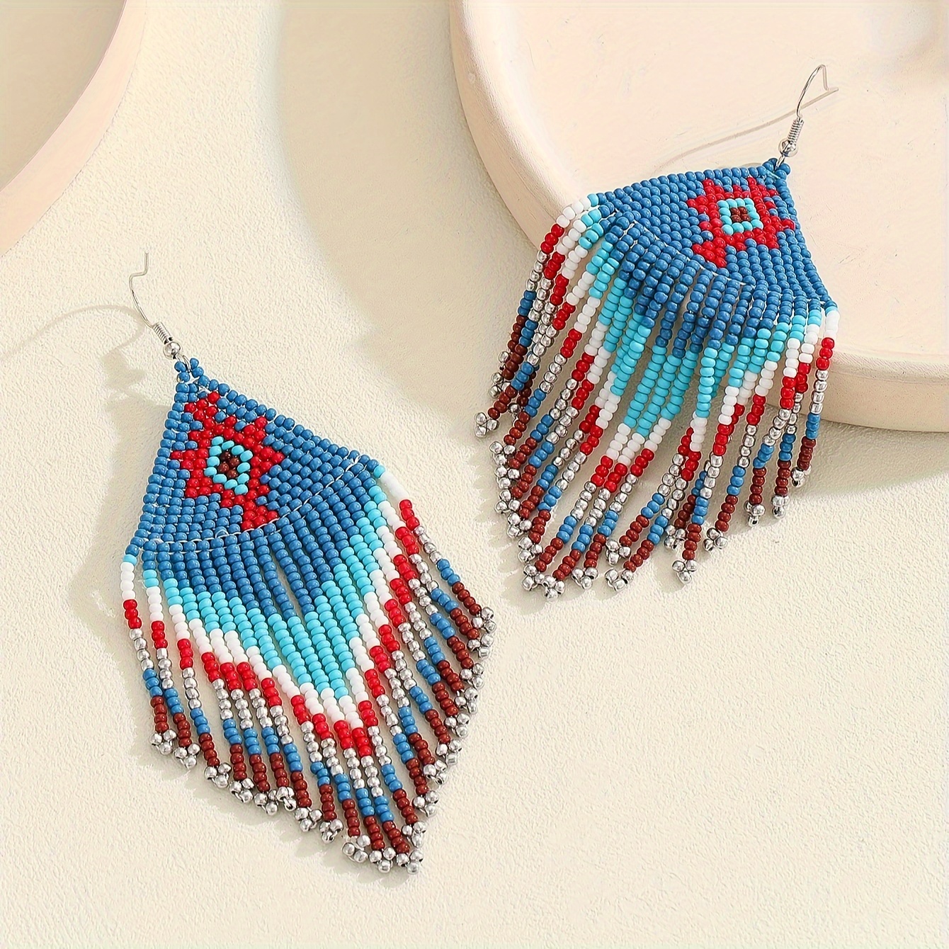 Beaded Rhombus Shape Tassel Dangle Earrings Retro Boho Style - Temu ...