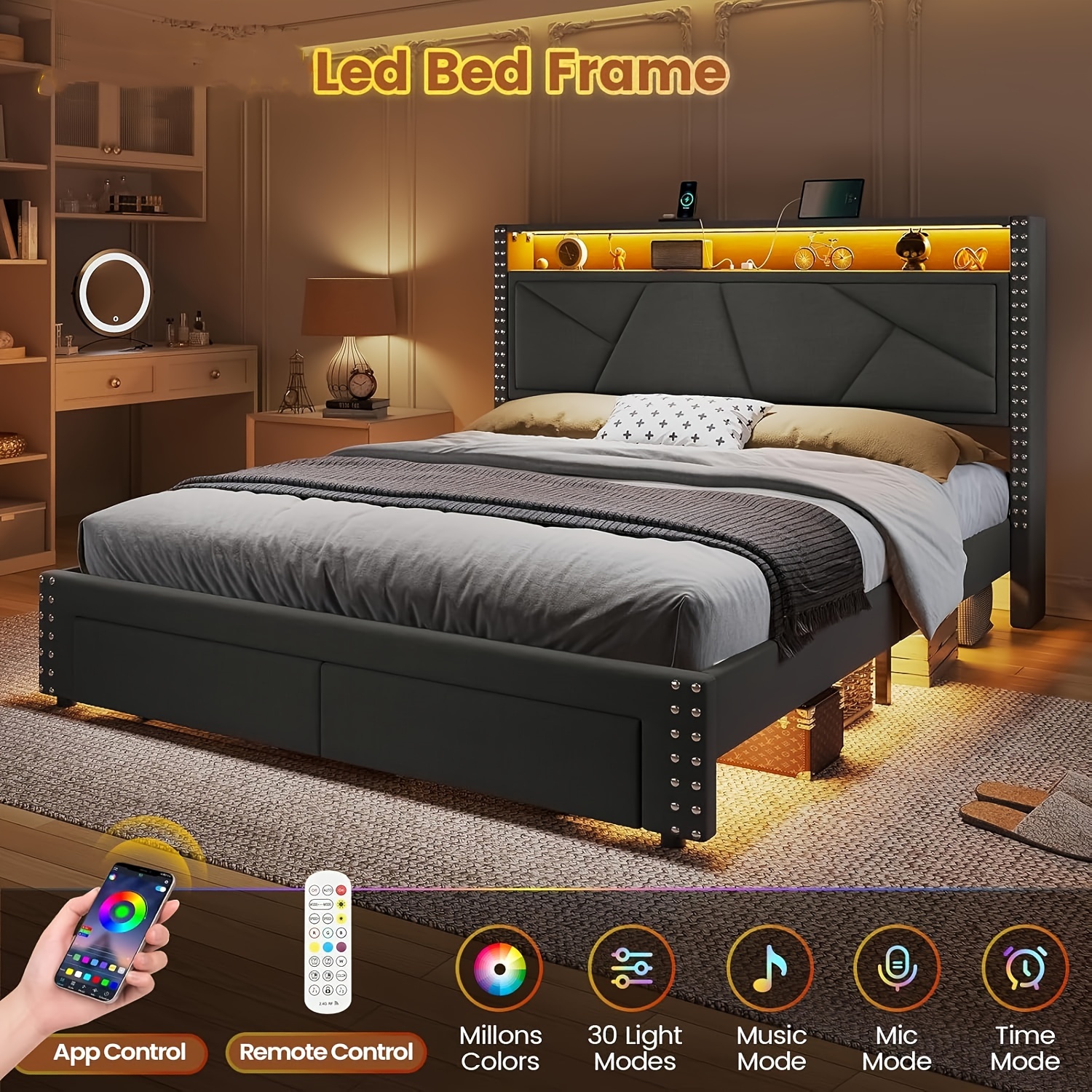 Led Bed Frame Queen Size 2 Drawers Storage Headboard - Temu