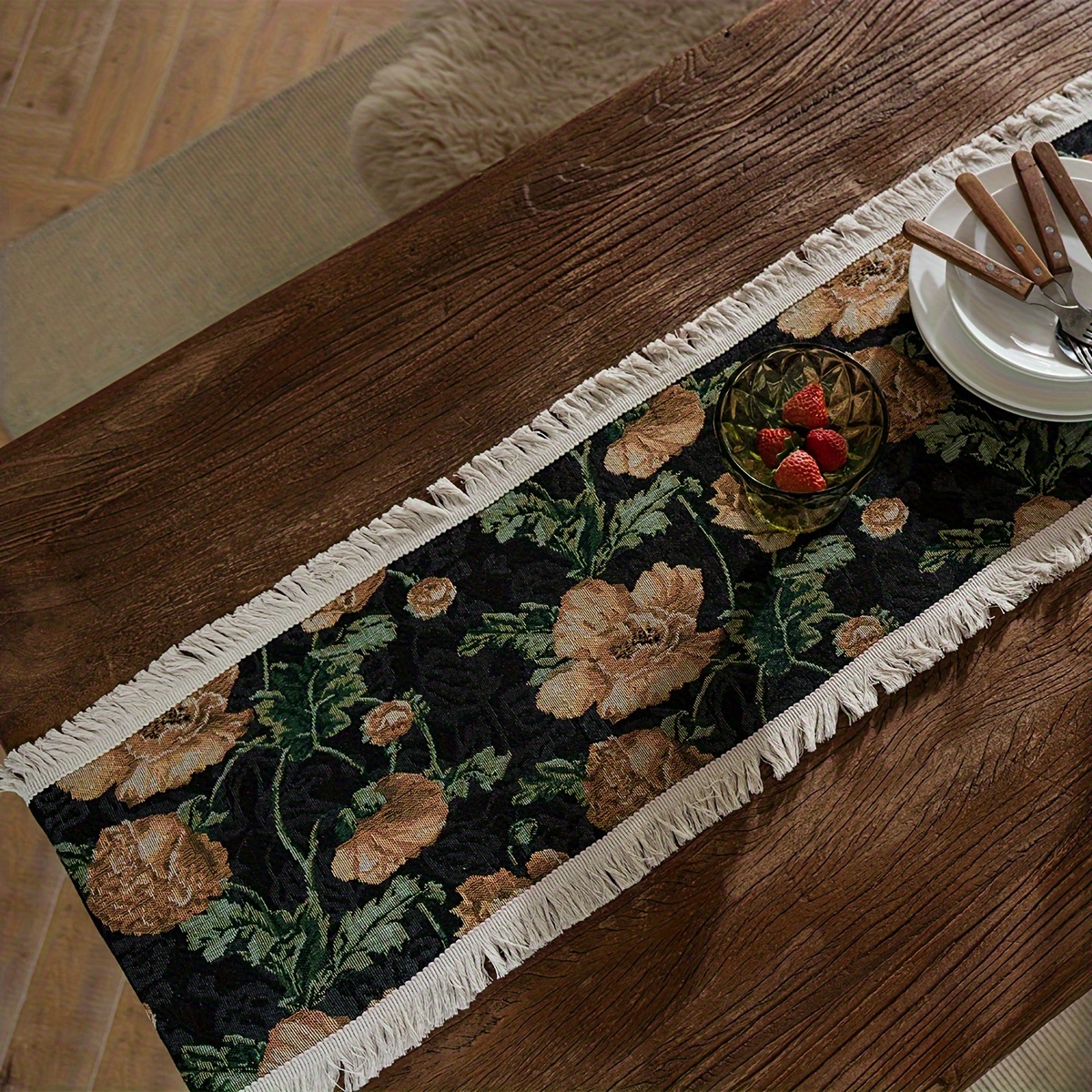 Table Runner Jacquard Yellow Flowers Black Background White - Temu Ireland