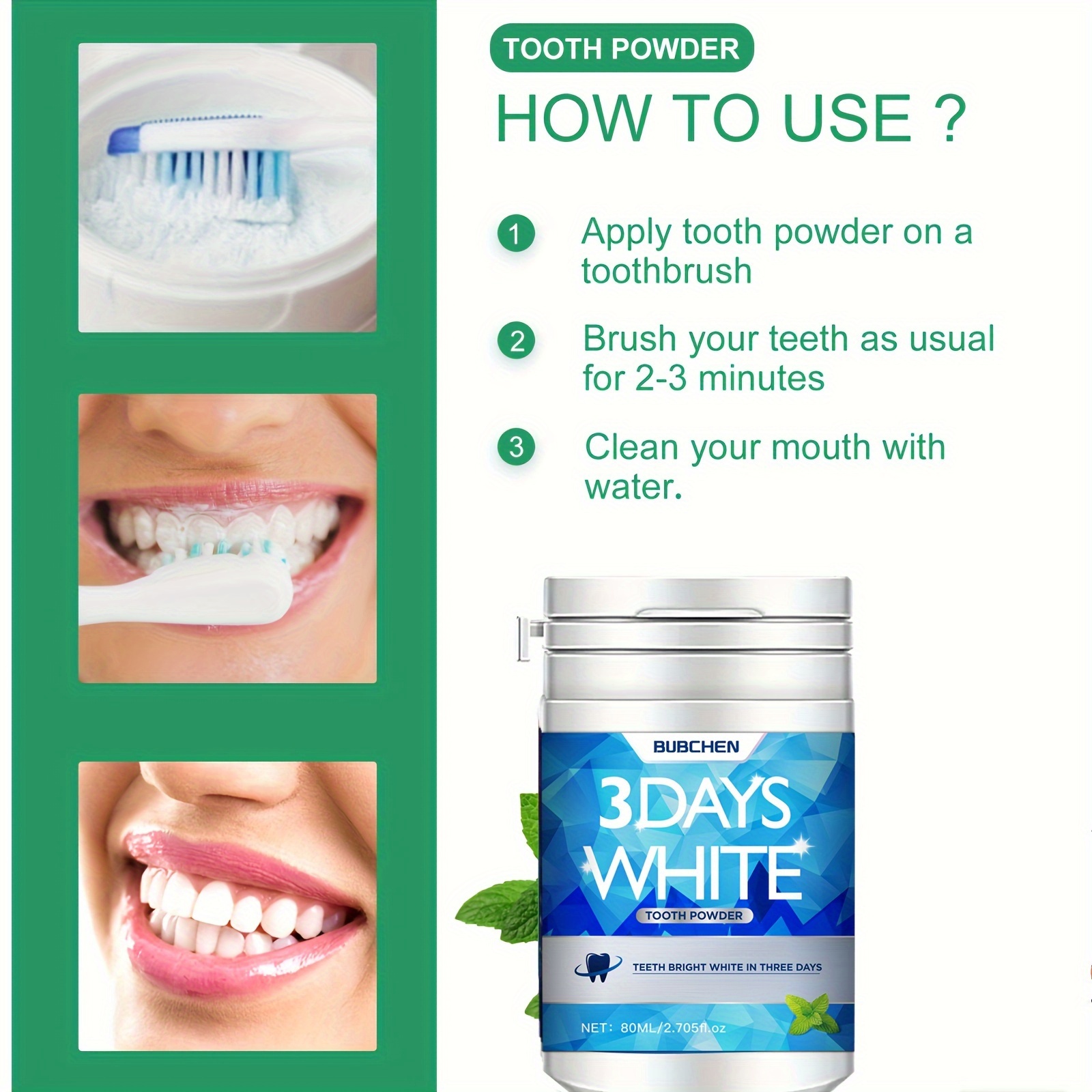3 Days White Tooth Powder, 2.71oz – Deep Clean Teeth Whitening Formula ...