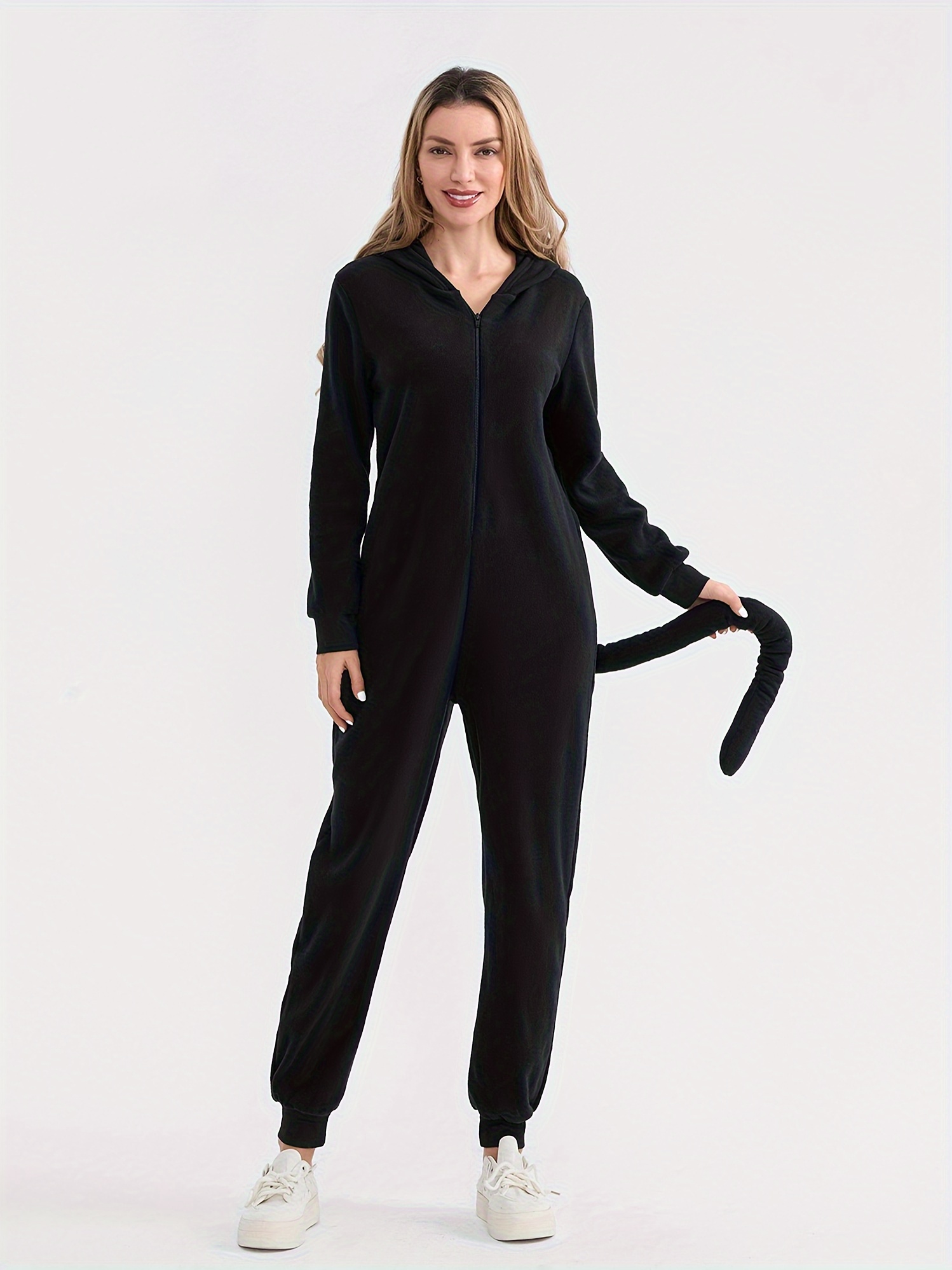 Cute Black Cat Hooded Jumpsuit Women Long Sleeve Plush - Temu