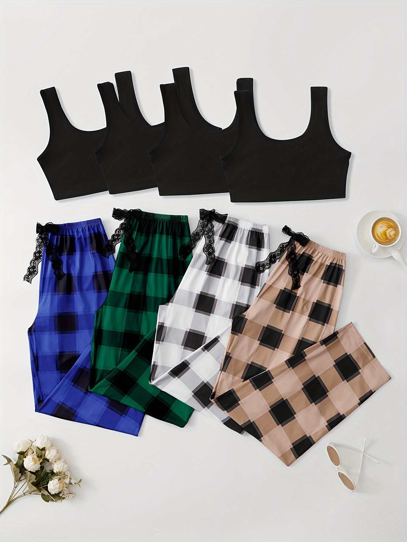 Casual Plaid Print Lounge Set Crew Neck Crop Tank Top Lace - Temu Canada