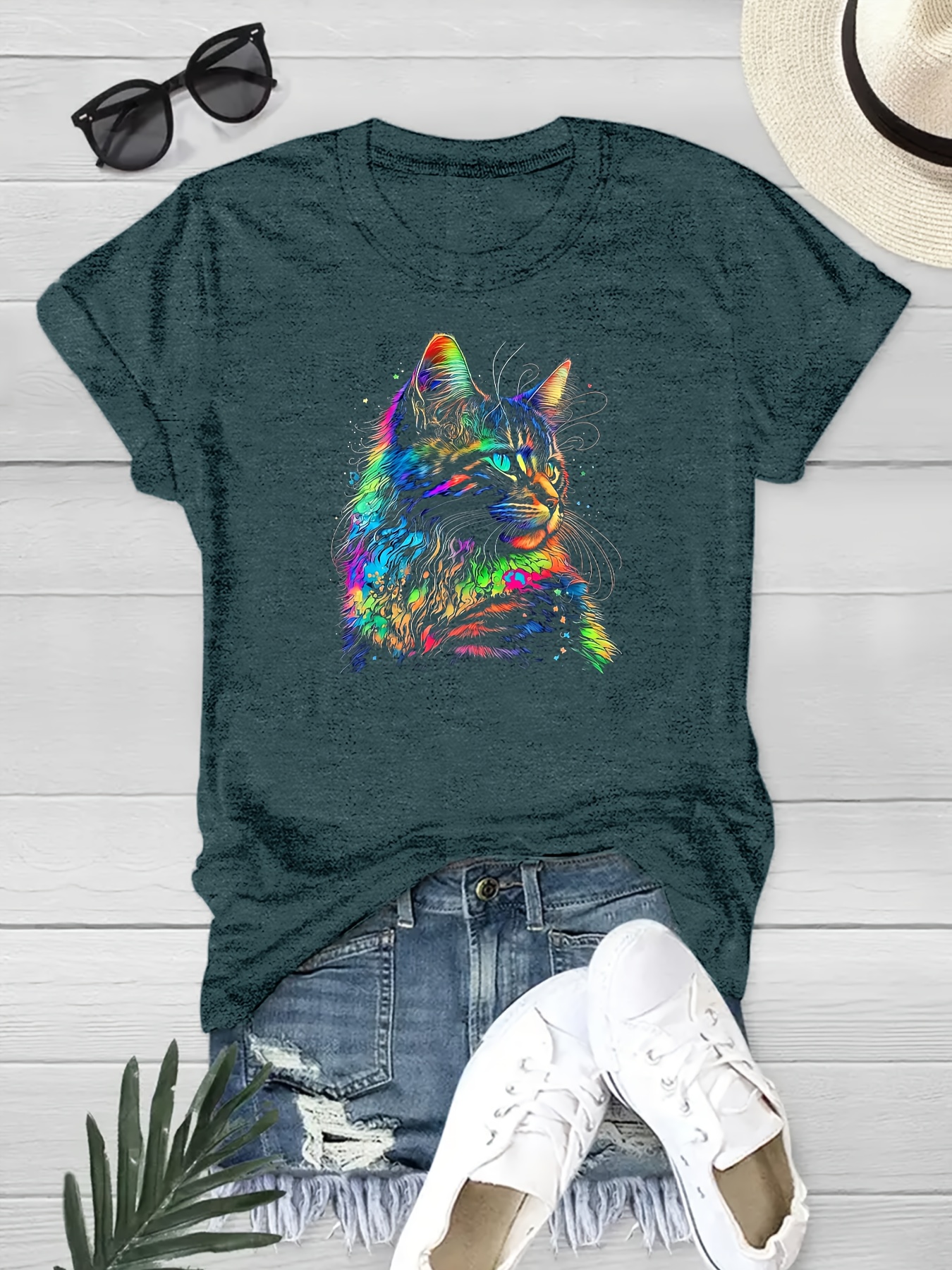 Colorful Cat Print T shirt Short Sleeve Crew Neck Casual Top - Temu Ireland