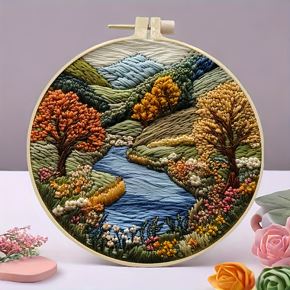 Diy Embroidery Kit Beginners Mountain Moon Scenery Mixed - Temu