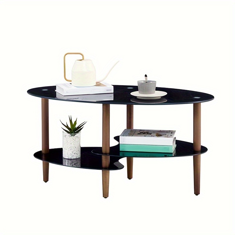 black oval glass coffee table oak wood legs - Temu