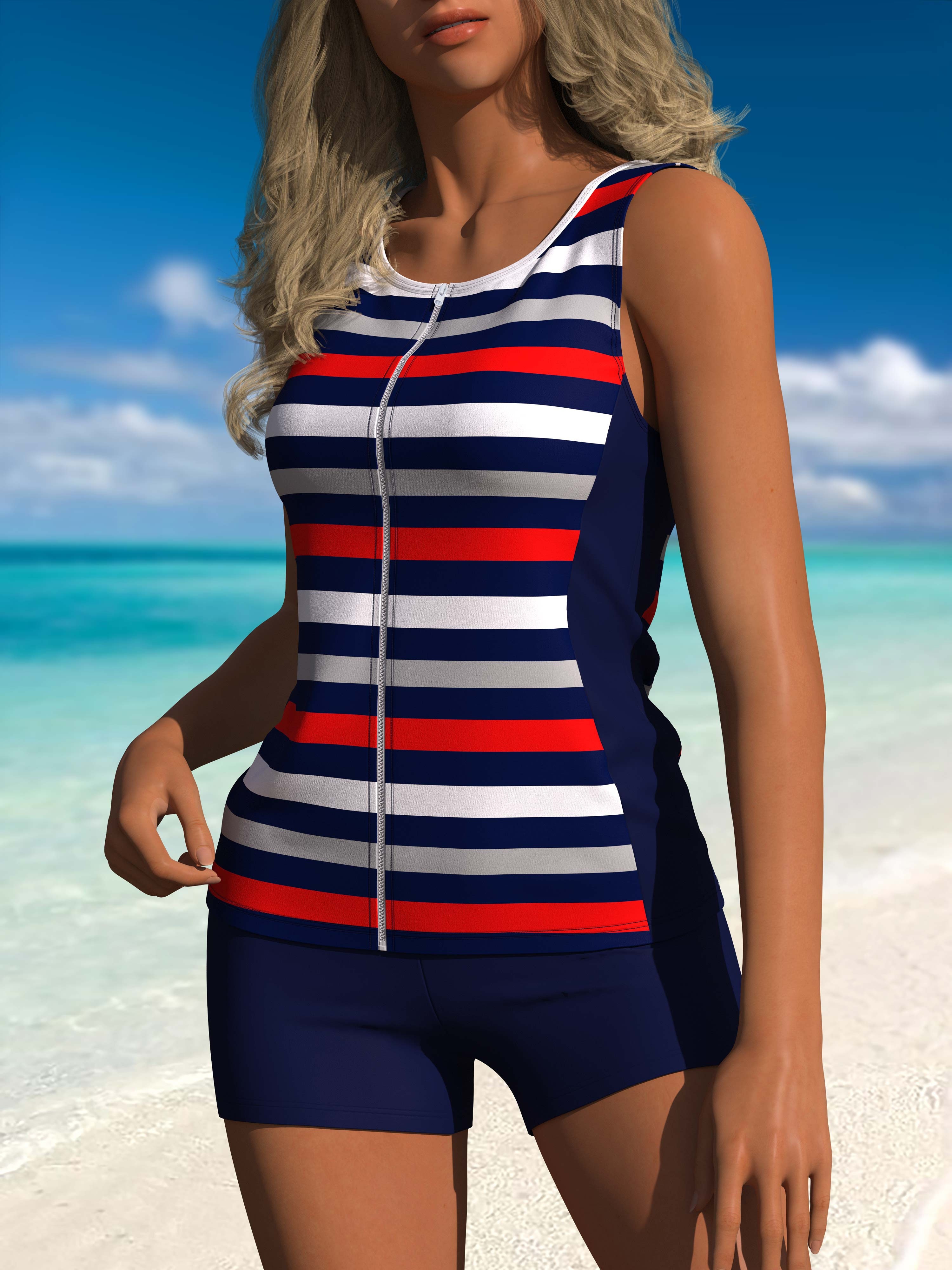 Striped Print Zipper Sleeveless Tankini Round Neck Stretchy - Temu Ireland