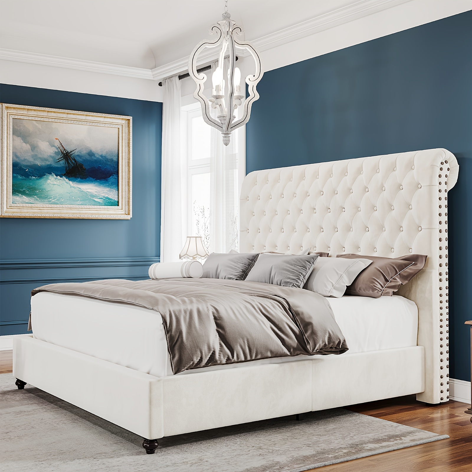 upholstered sleigh platform bed frame diamond button Temu
