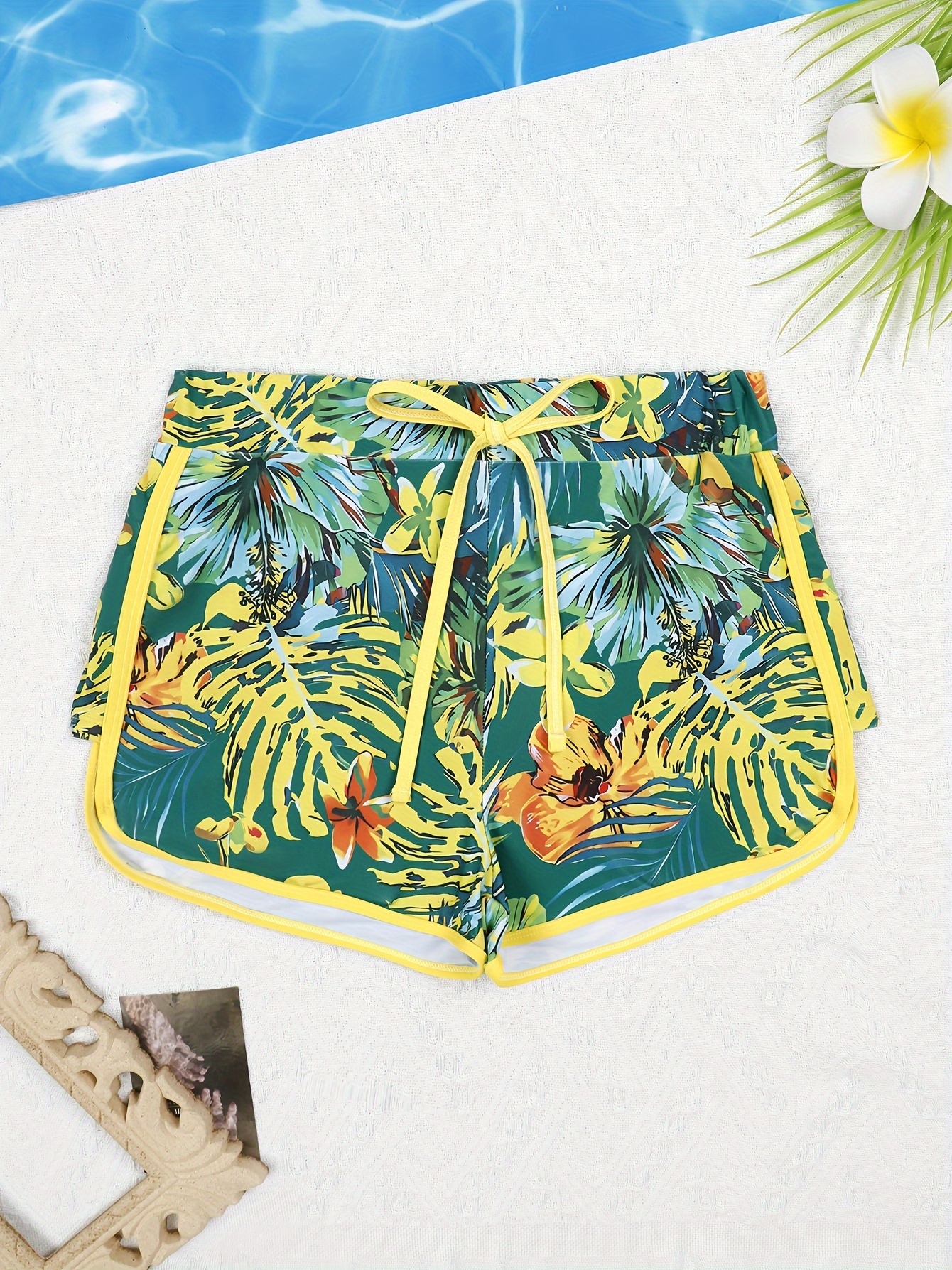 Tropical Print Drawstring Beach Swim Shorts High Stretch - Temu