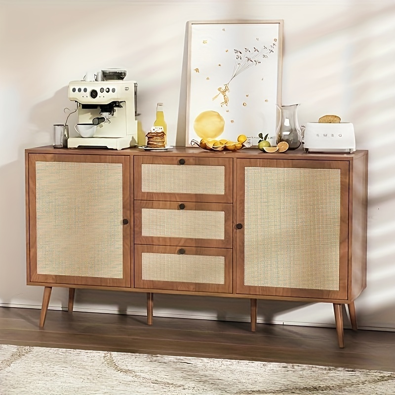 Rattan Sideboard Buffet Cabinet With Storage Farmhouse Boho Cabinet With 2 Doors Drawers Accent Cupboard Console Table With Adjustable Shelves For Dining Room Living Room Hallway