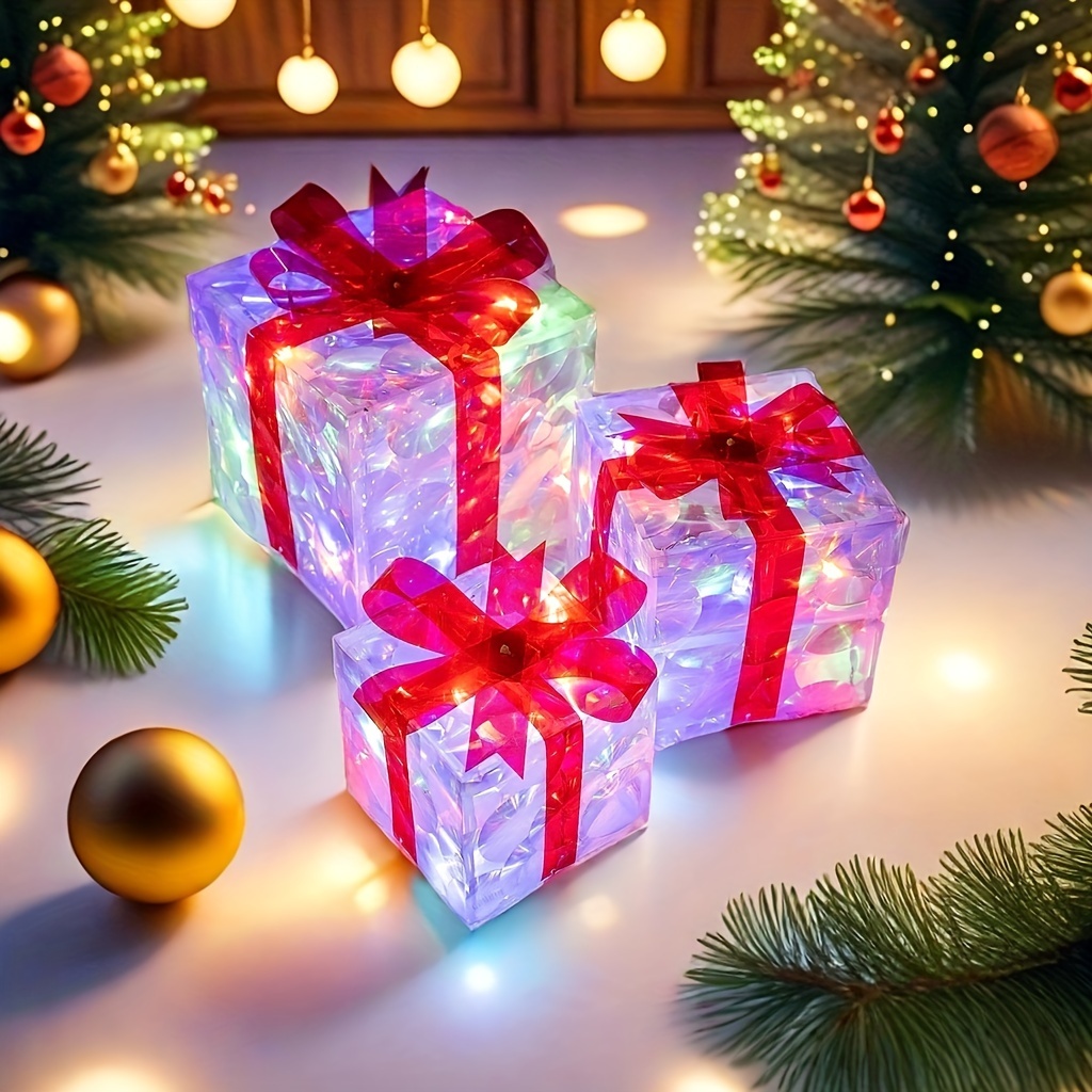 Led Light Gift Boxes Ribbons Festive Christmas Decorations - Temu