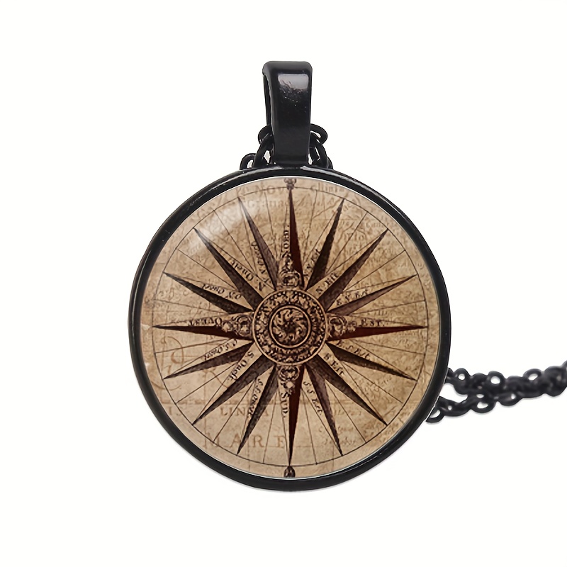 Compass Pattern Pendant Necklace Alloy Glass Pendant - Temu United Kingdom