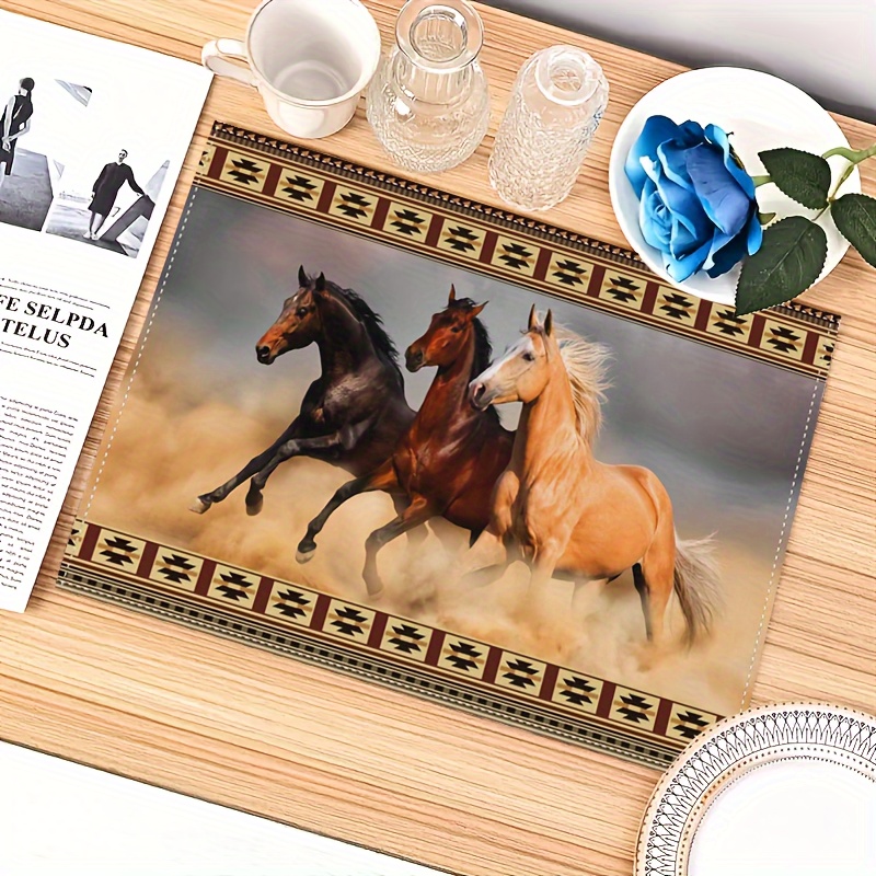 Set Of 4 Linen Placemats With Woven Running Horses - Ethnic Tribal ...