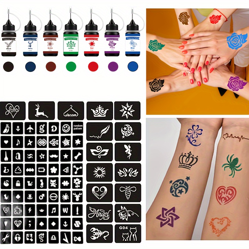 7 Bottles Temporary Tattoo Kit Tattoos Stencils Semi - Temu