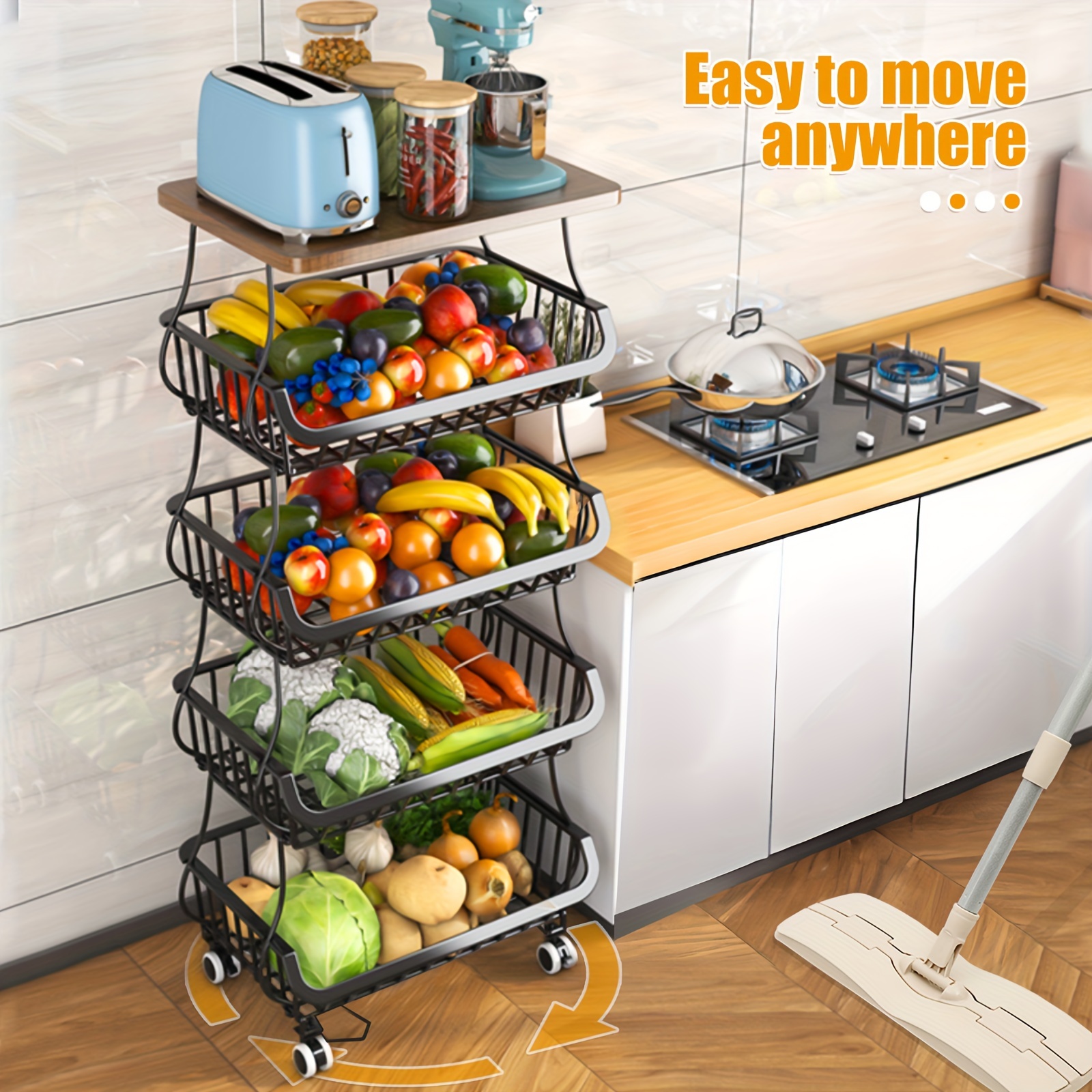 5 layer stackable wire fruit vegetable storage basket wooden - Temu