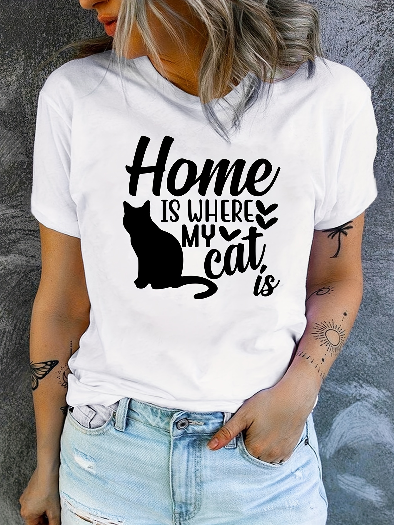 Cat Print T shirt Short Sleeve Crew Neck Casual Top Summer - Temu Canada