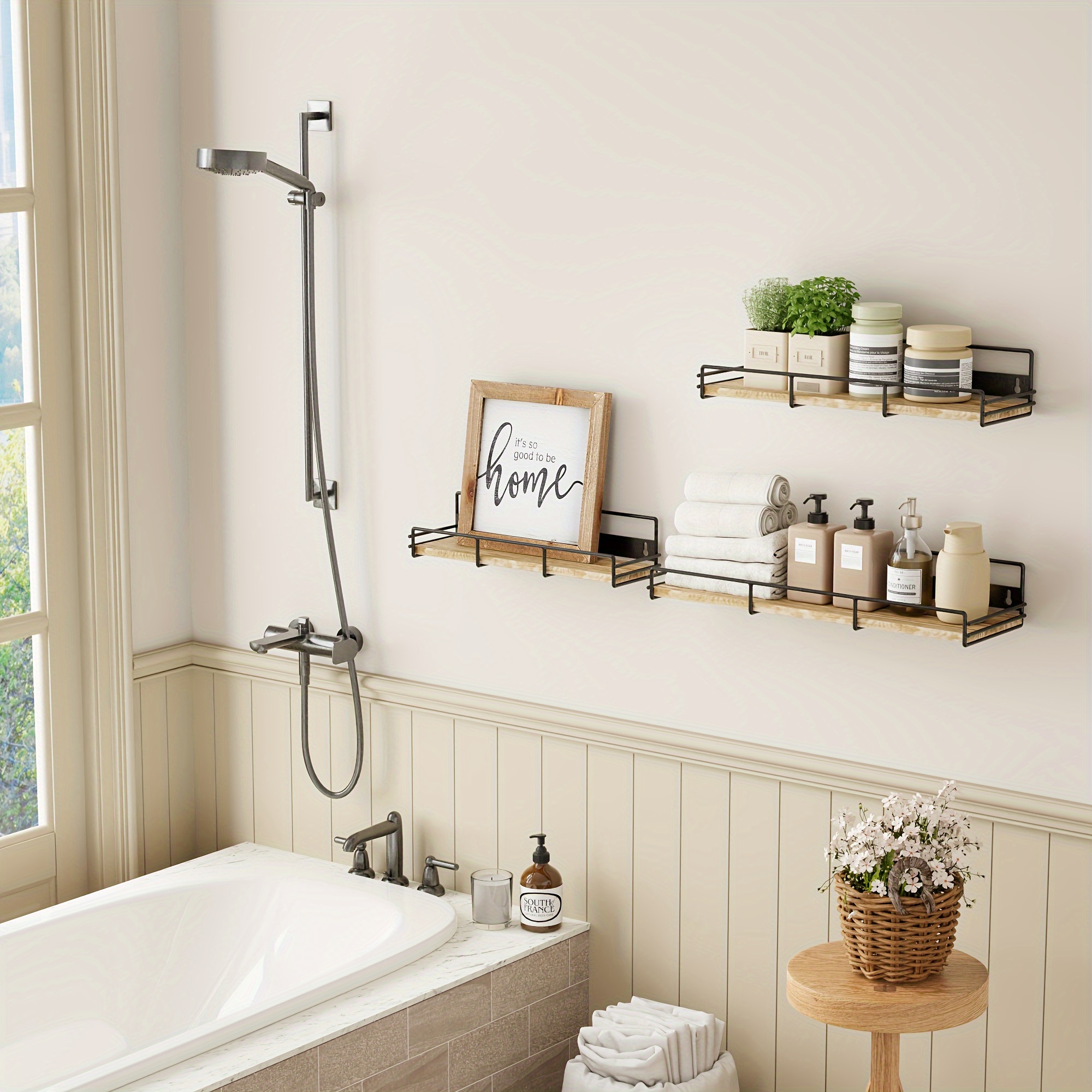 Bathroom Wire Floating Shelves Wall Mounted Set Of 3 Modern Metal Frame Basket For Pantry Organizer Rustic Hanging Shelves For Wall Storage For Bath