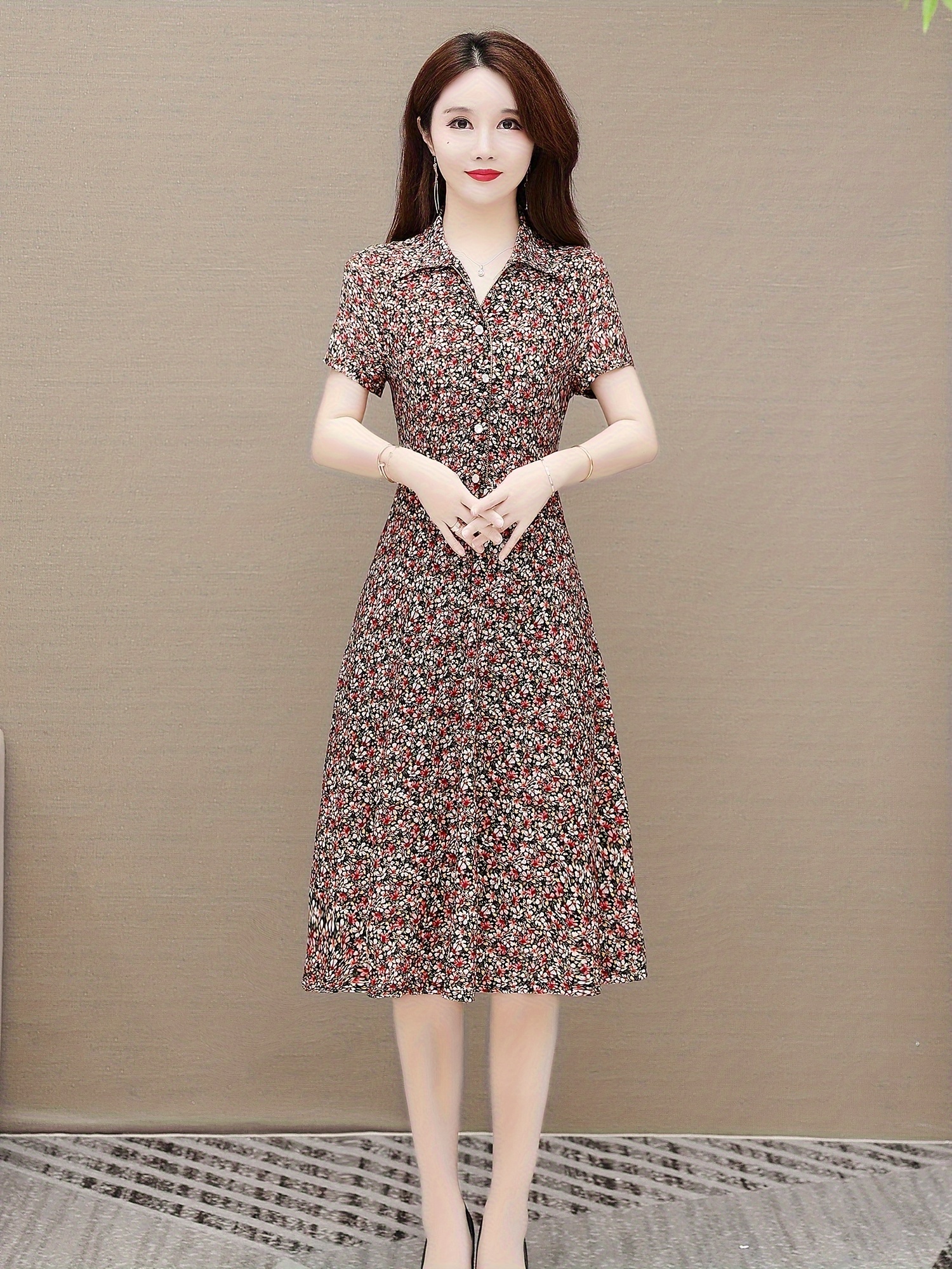 봄과 여름을 위한 캐주얼한 반팔 A라인 드레스 꽃무늬 프린트 버튼 프론트 드레스 여성 의류 Temu Republic Of Korea