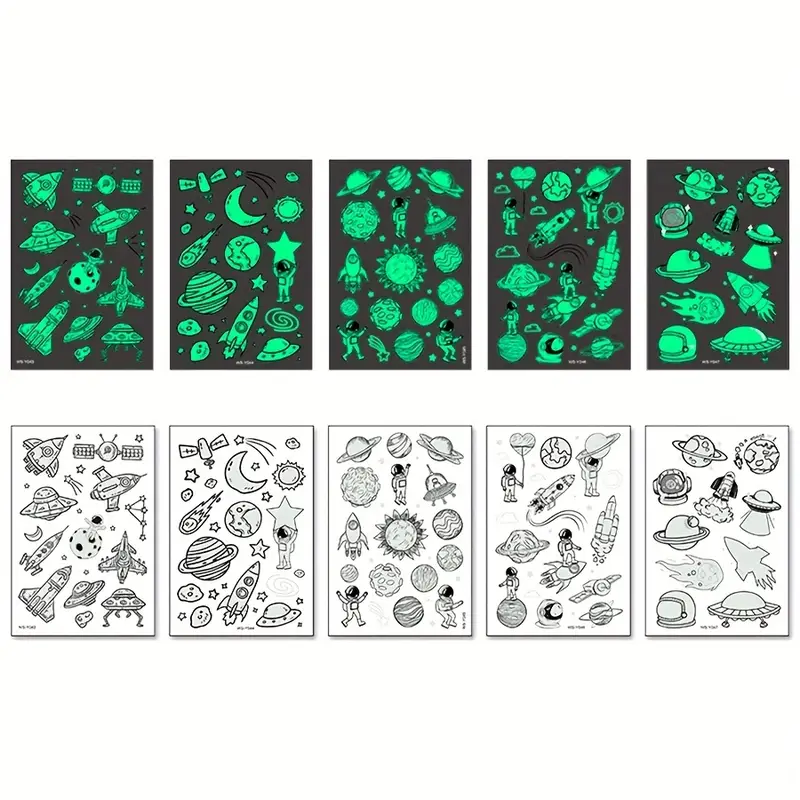 5개세트 어둠 속에서 빛나는 임시 문신 우주 And 은하계 테마 화성 지구 별 달 외계인 우주 비행사 로켓 Ufo