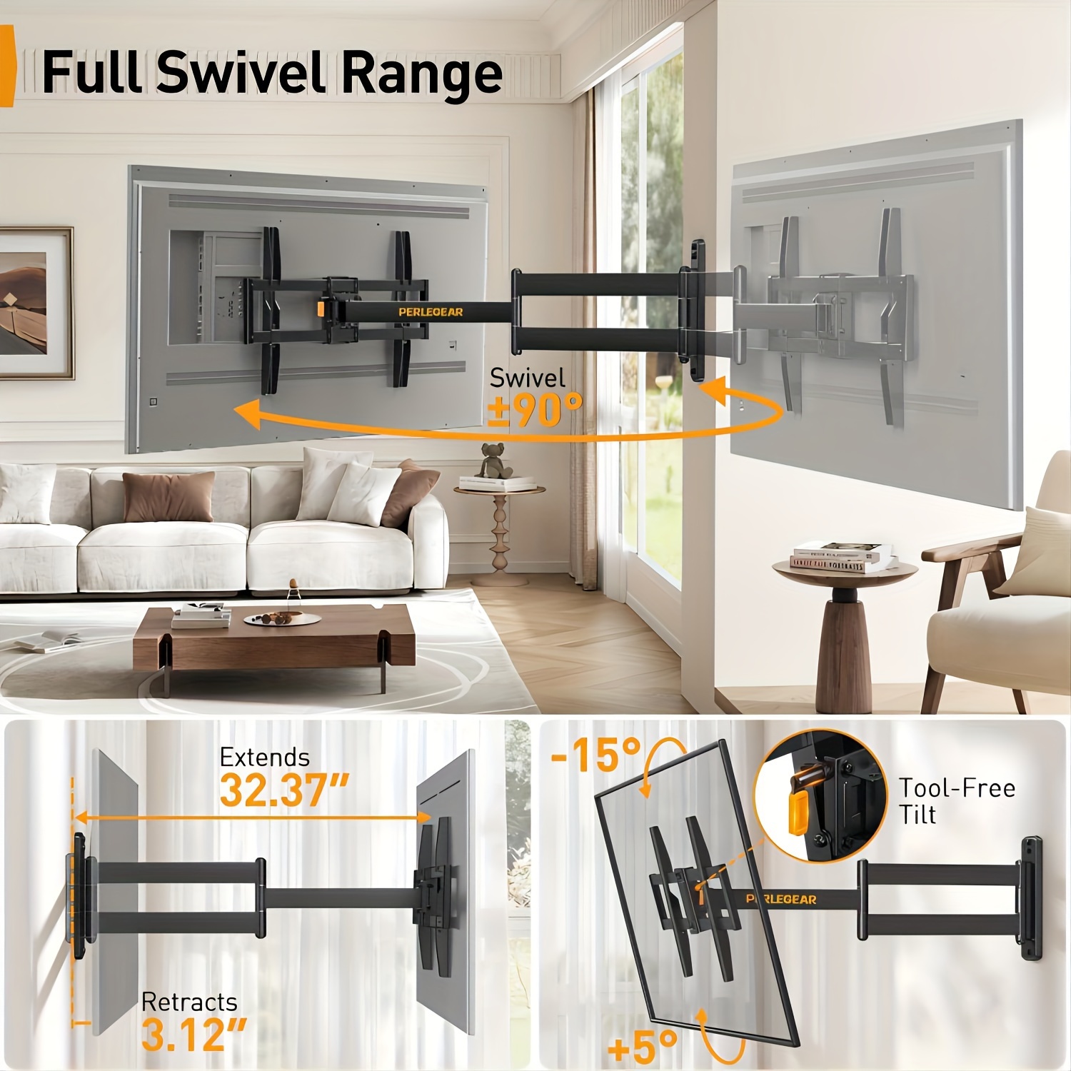 600x 400 Extra Long Reach 3 Arm Single Swivel Adjustable Tv Mount For ...